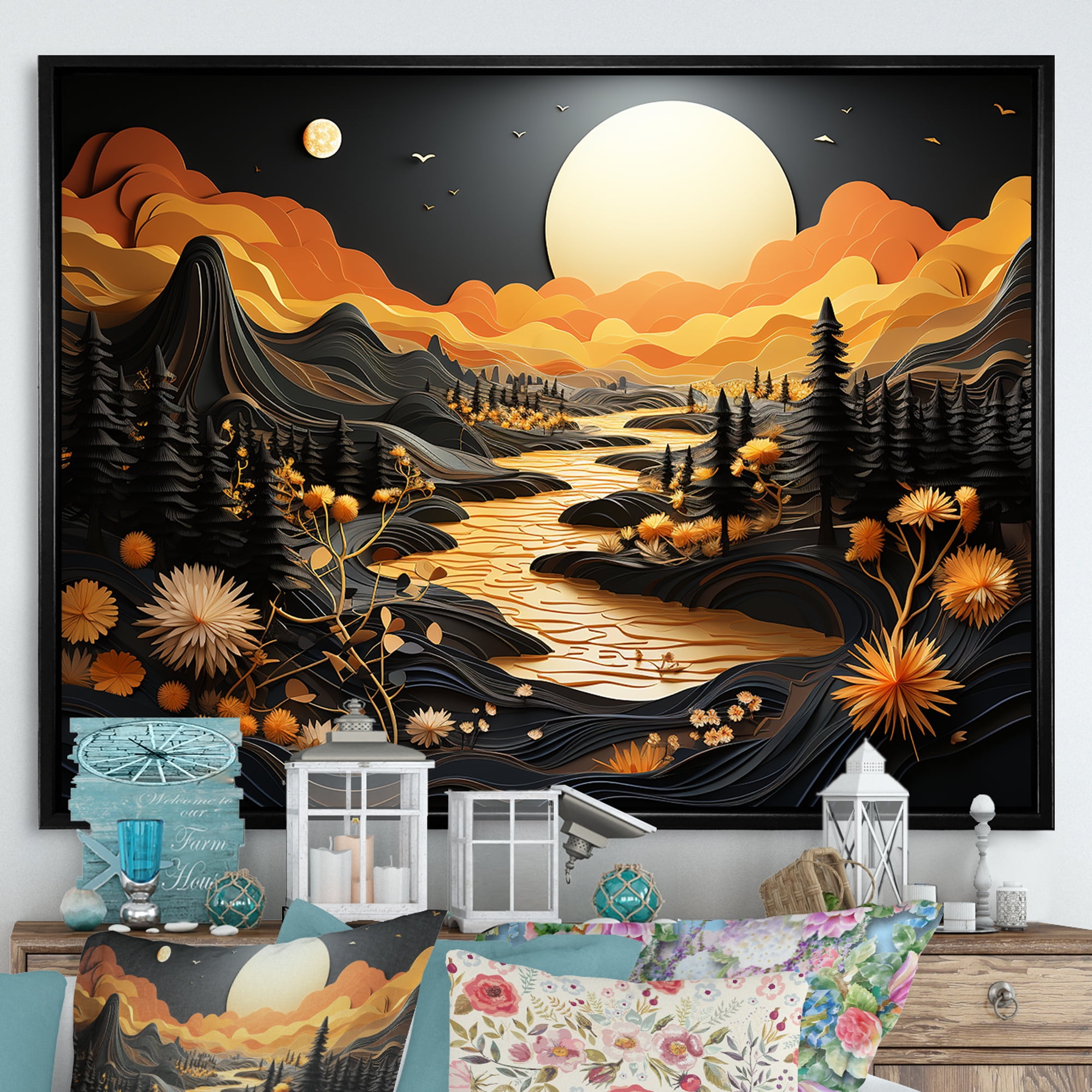 Designart "Serenity in Mountains River in Yellow and Black IV ...