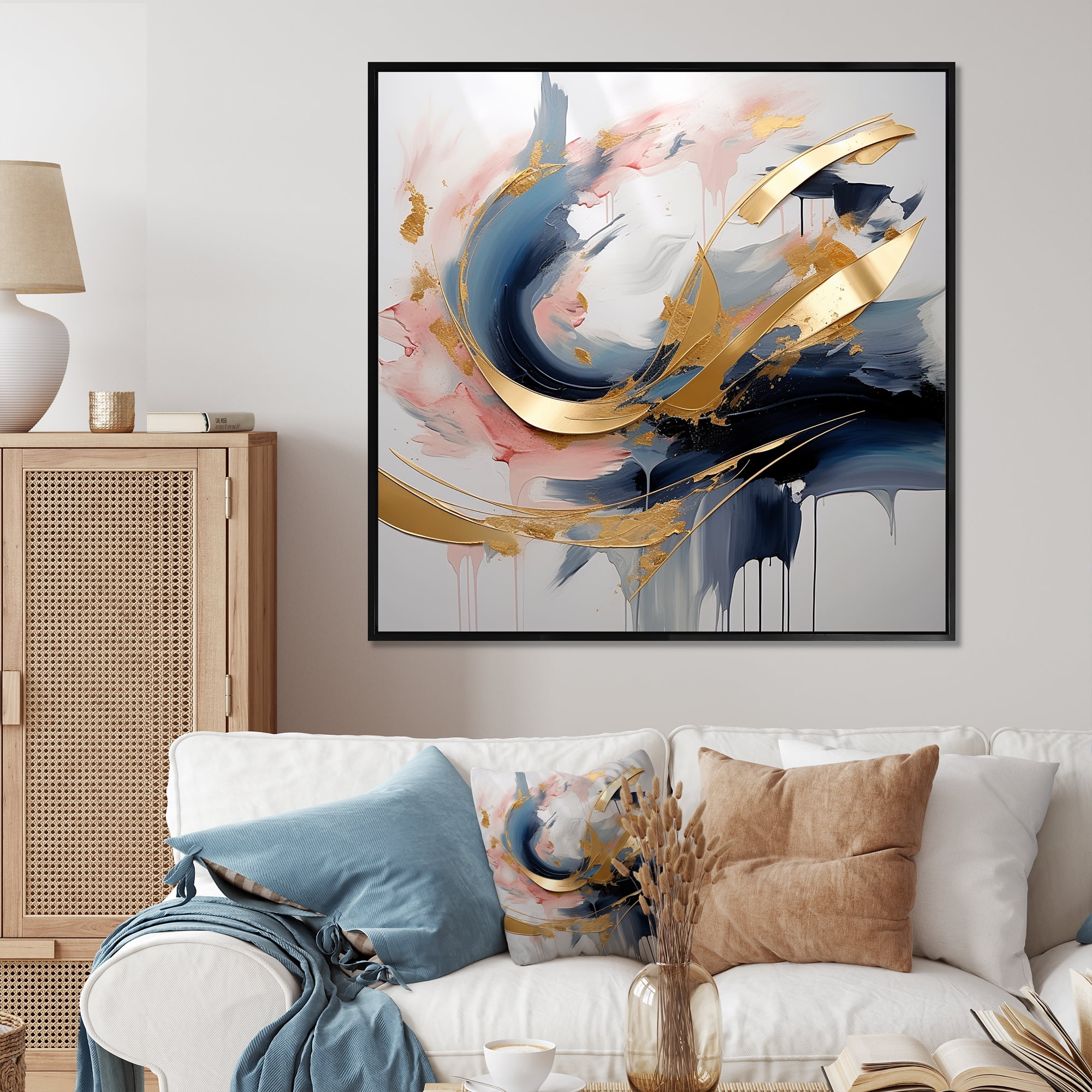 Designart "Serenity in Golden Blue Abstract Whirls II" Abstract Framed ...