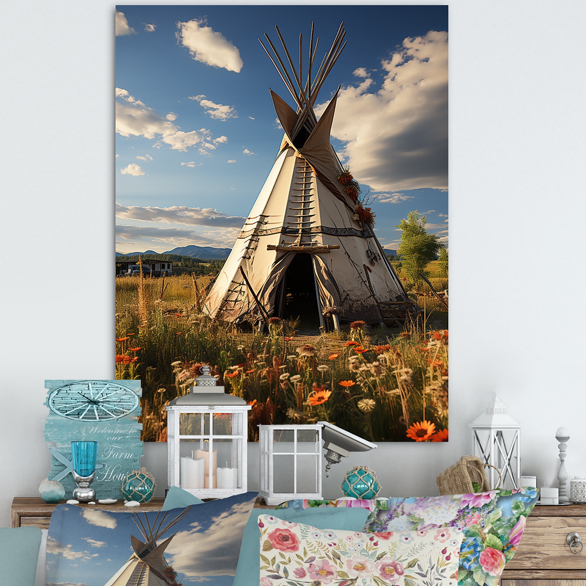 Designart "Serenity s Refuge Coral and Beige Native Tipi" Floral Wall ...
