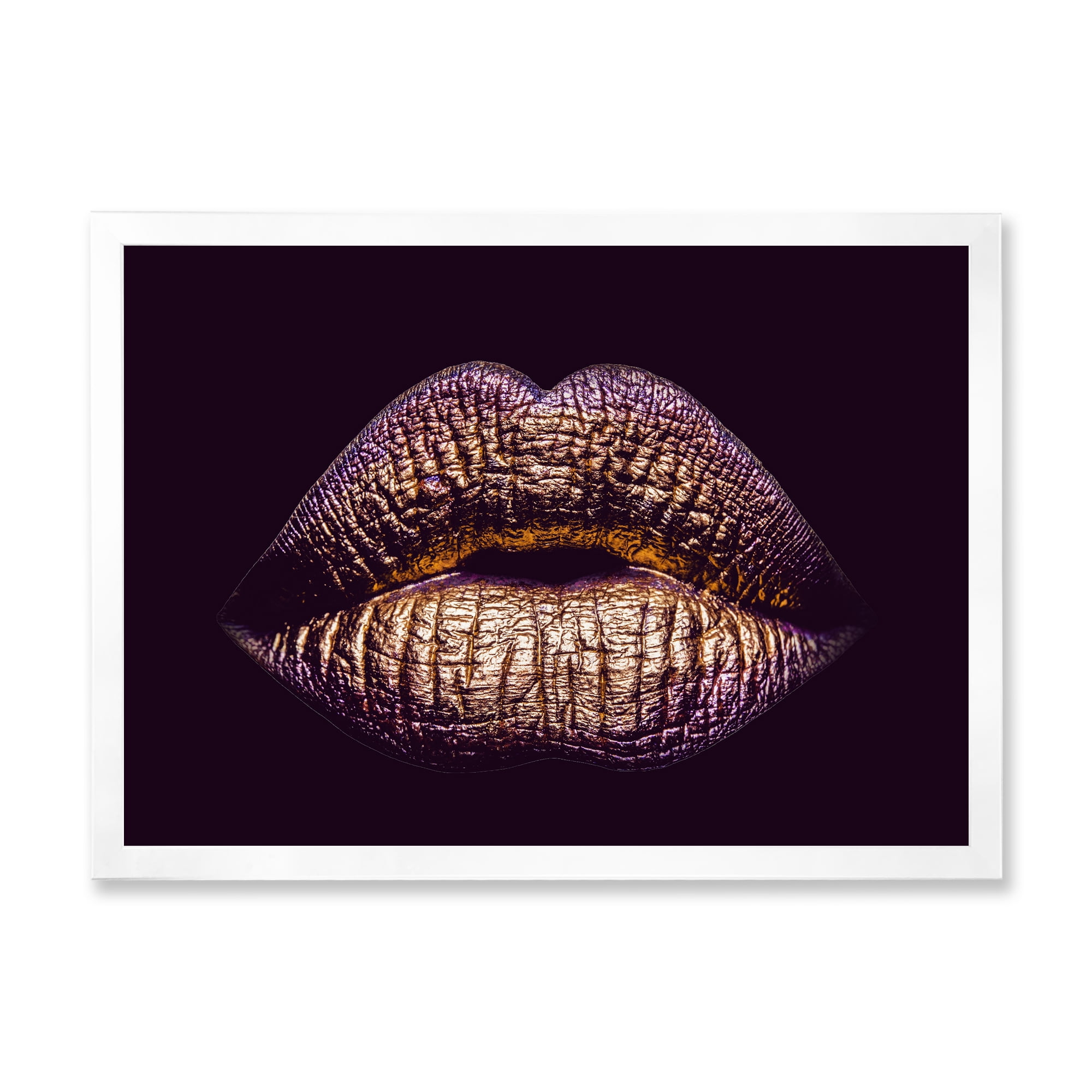 Designart 'Sexy Golden Metallized Woman Lips III' Modern Framed Art ...