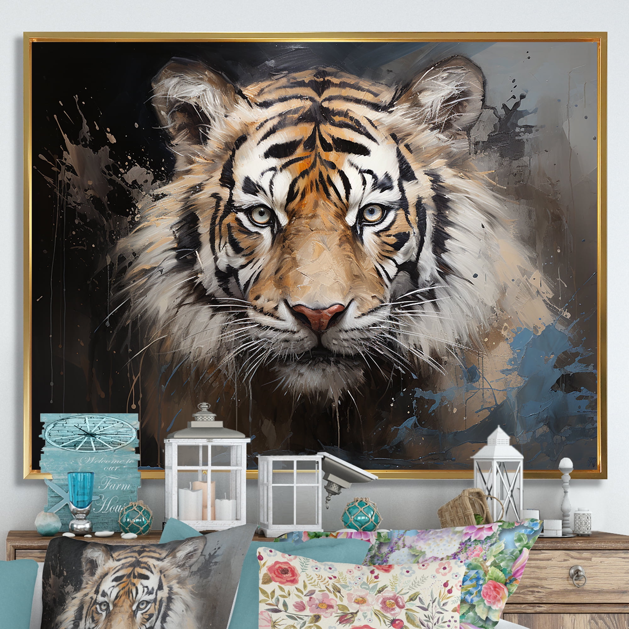 Designart "Shadowed Tiger Minimalism I" Animals Tiger Floater Framed ...