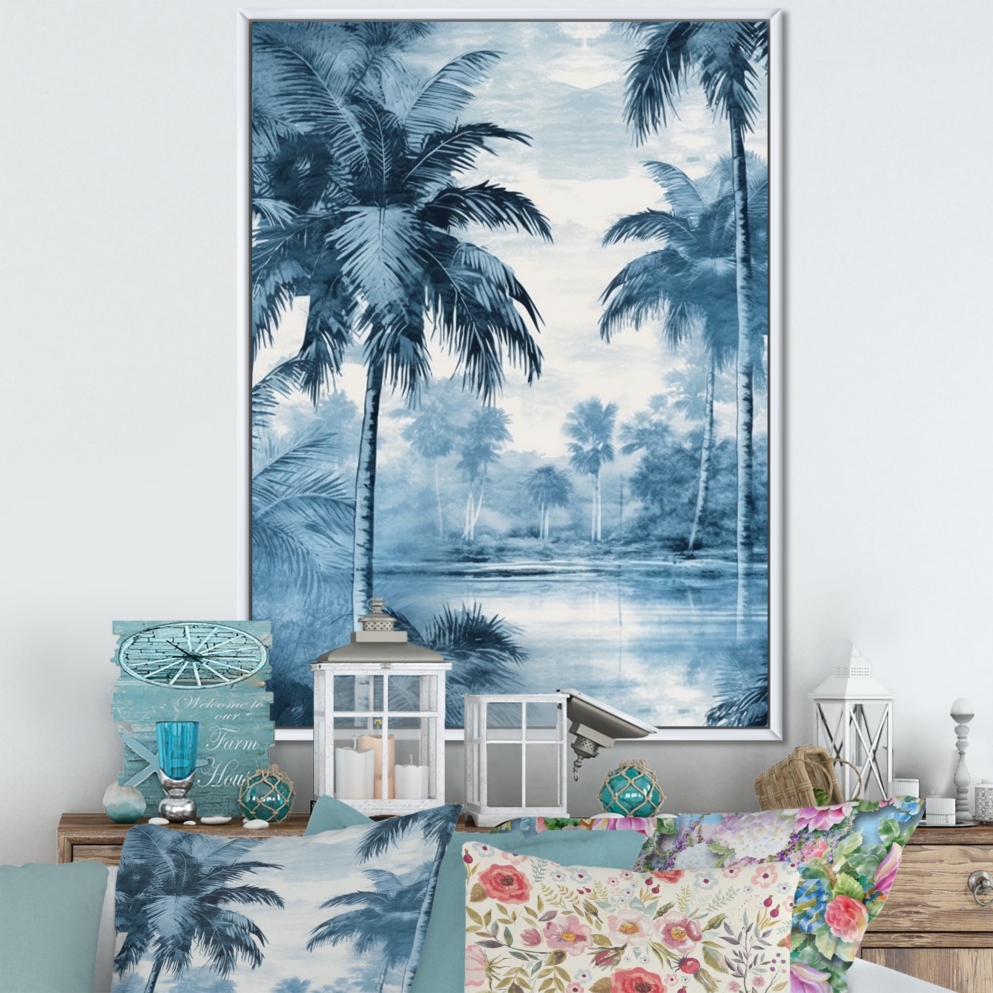 Designart "Shadowy Vintage Blue Palm Trees I" Palms & Palm Trees ...