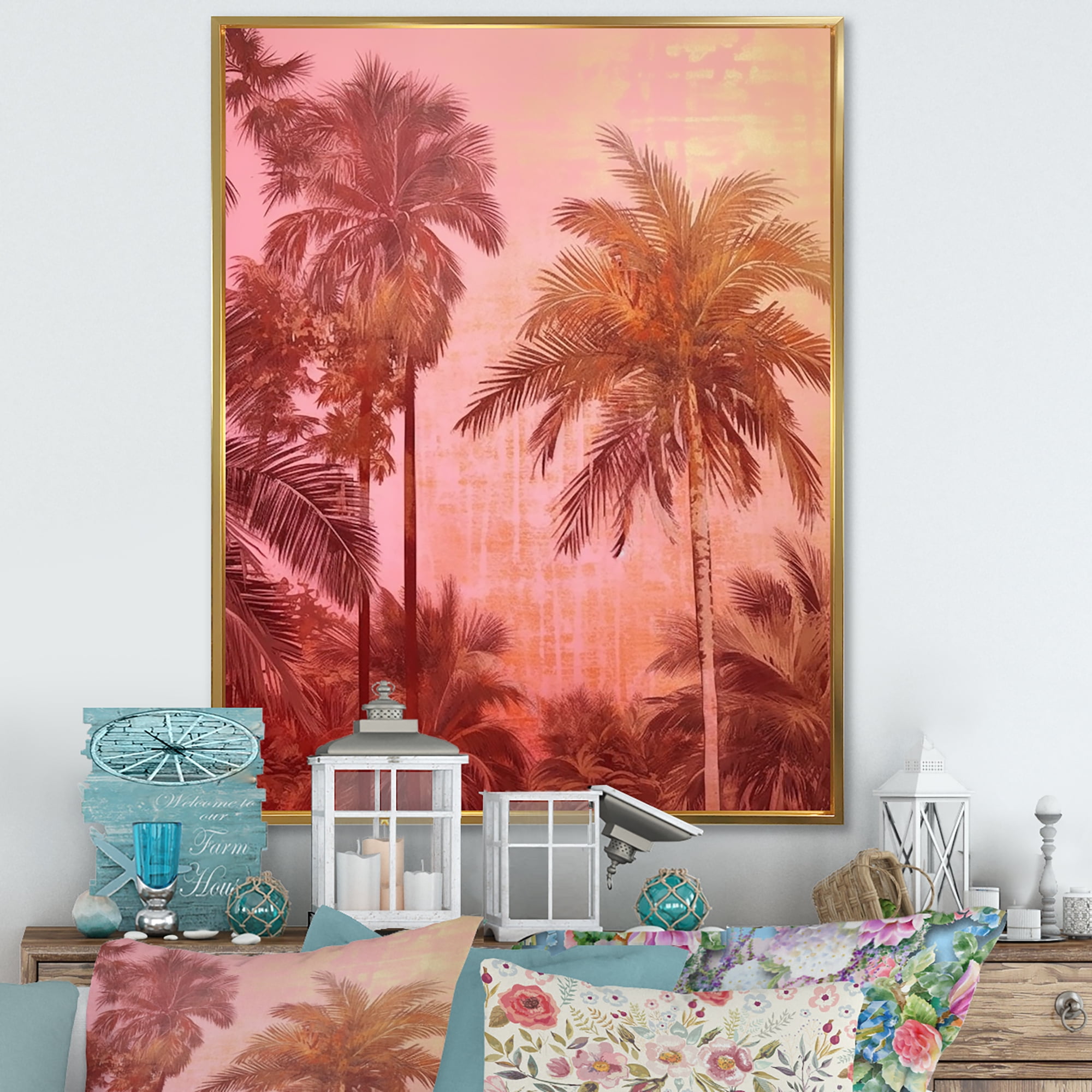 Designart "Shadowy Vintage Pink Palm Trees III" Palms & Palm Trees ...