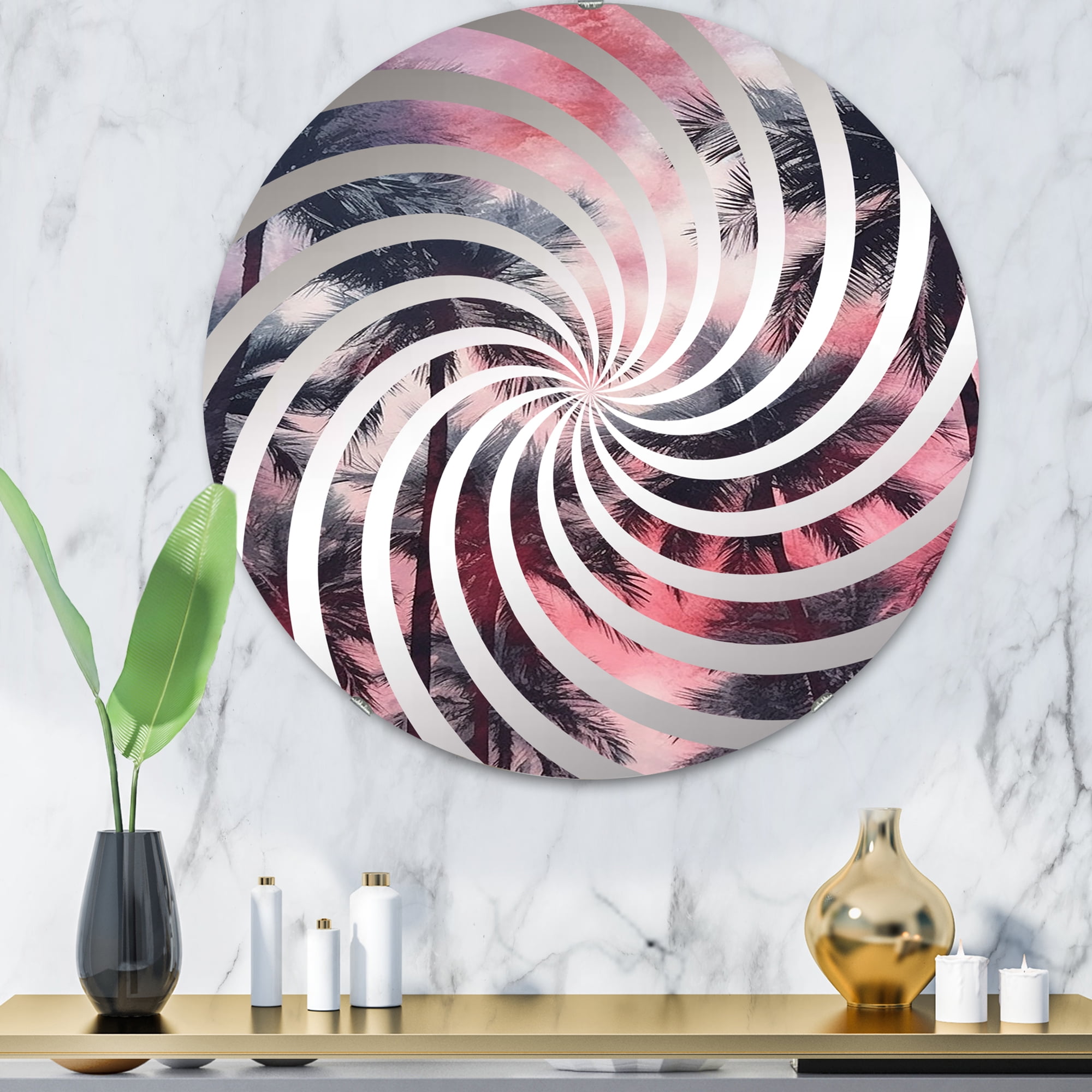 Designart "Shadowy Vintage Pink Palm Trees" Palms & Palm Trees Vortex Round Wall Mirror - Floral ...