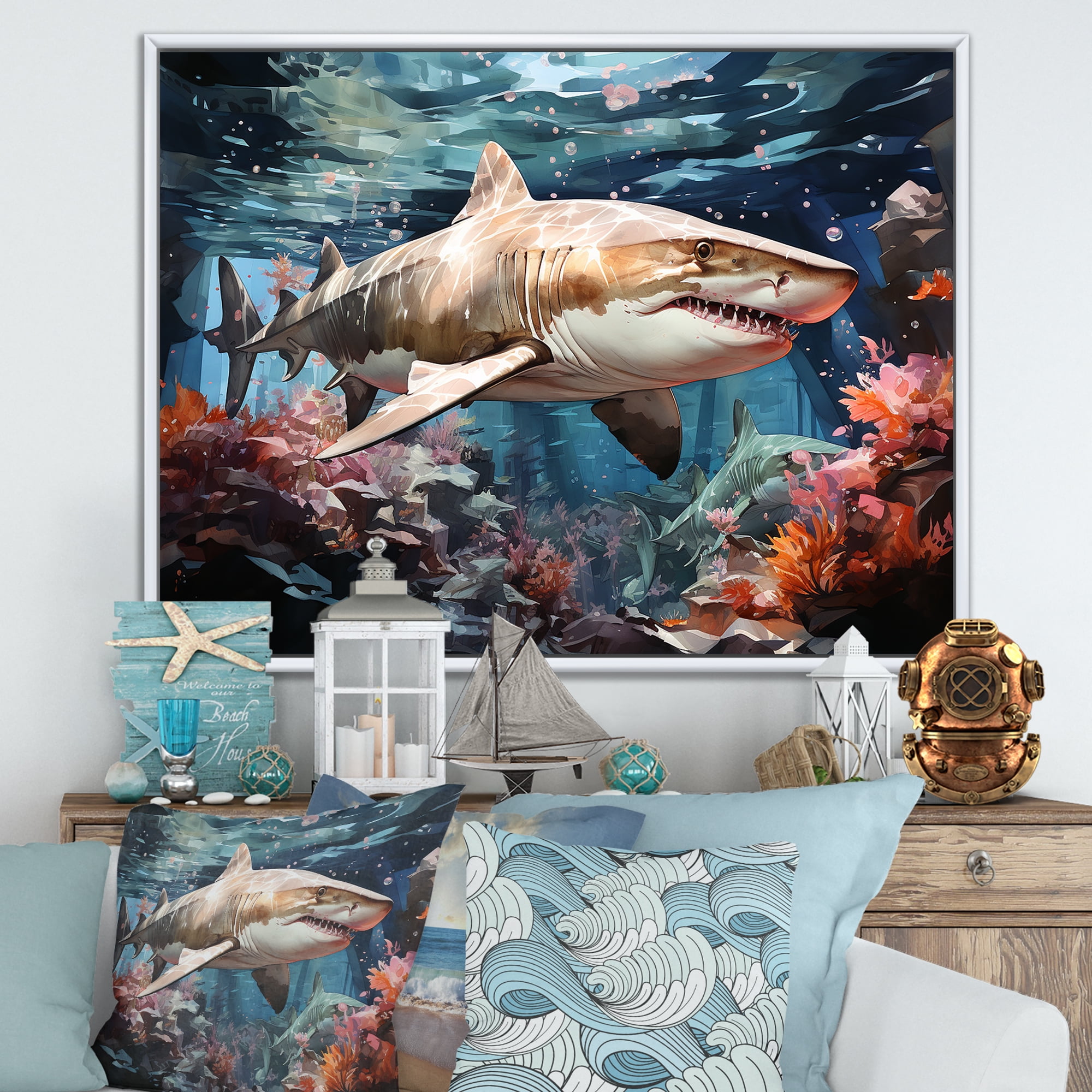 Designart "Sharks Of The Abyss Portrait I" Coastal Coral Under Water ...
