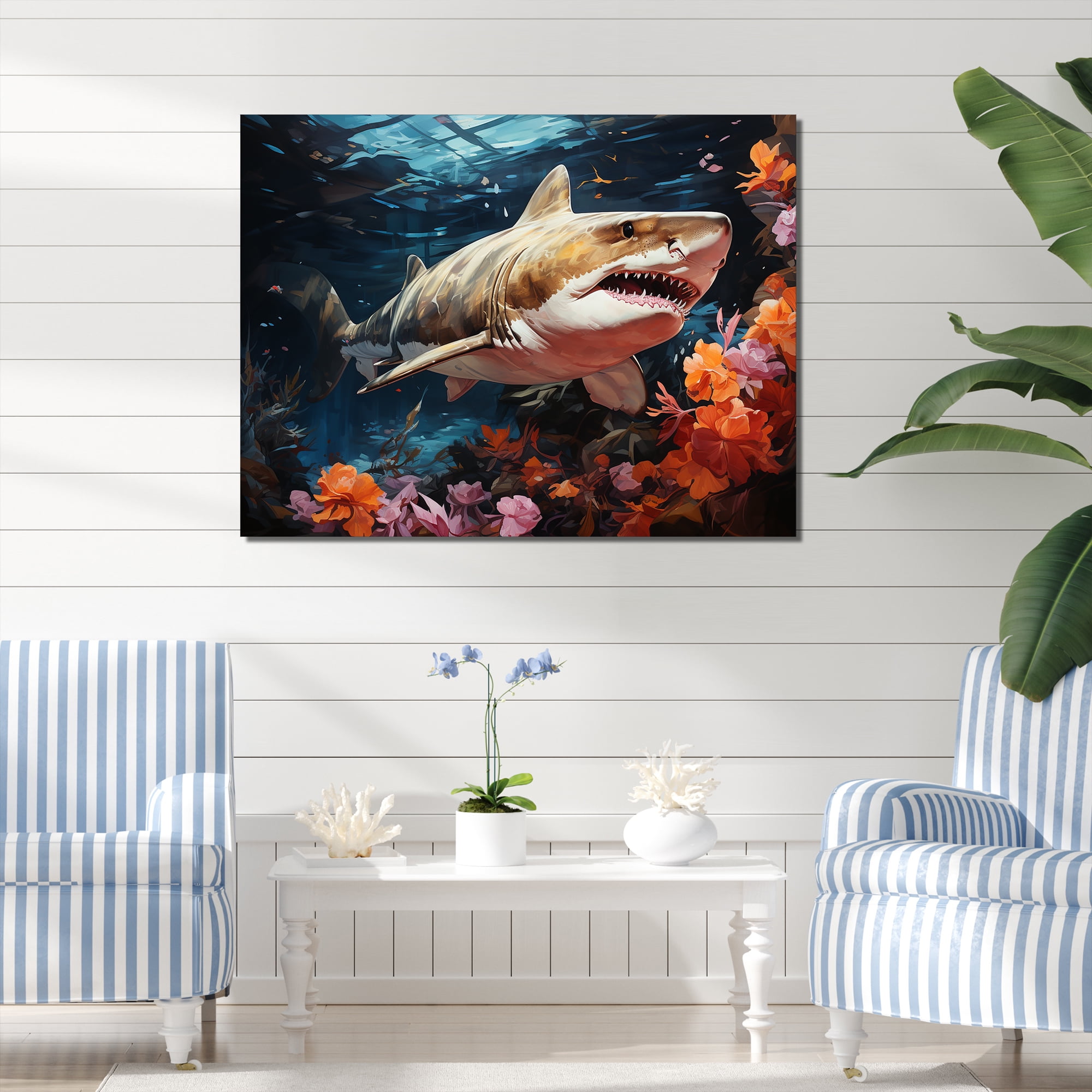 Designart "Sharks Of The Abyss Portrait II" Coastal Coral Under Water ...