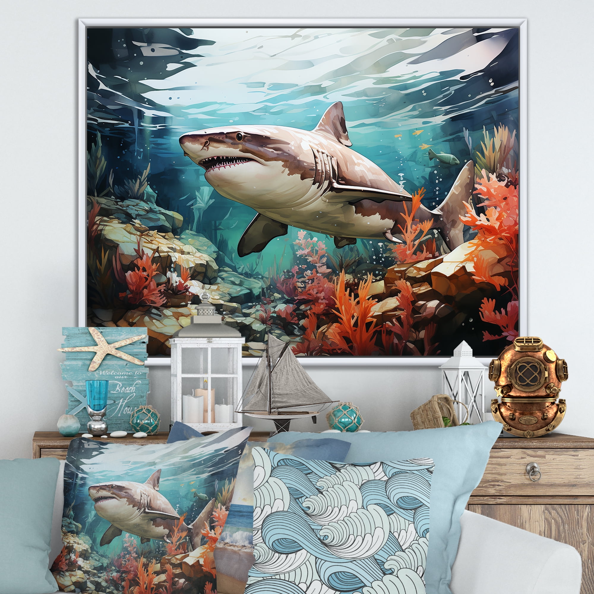 Designart "Sharks Of The Abyss Portrait IV" Coastal Coral Under Water ...
