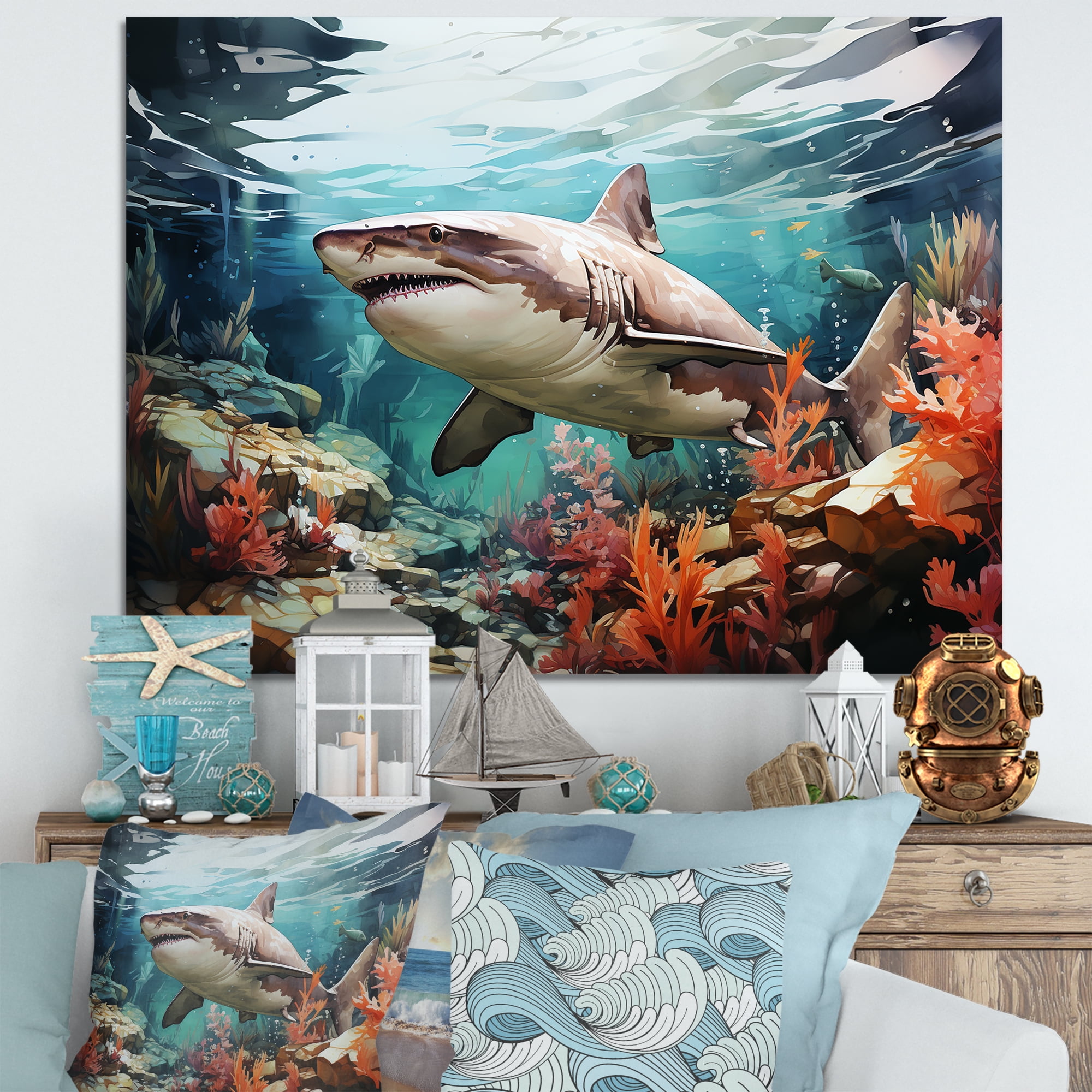 Designart "Sharks Of The Abyss Portrait IV" Coastal Coral Under Water ...
