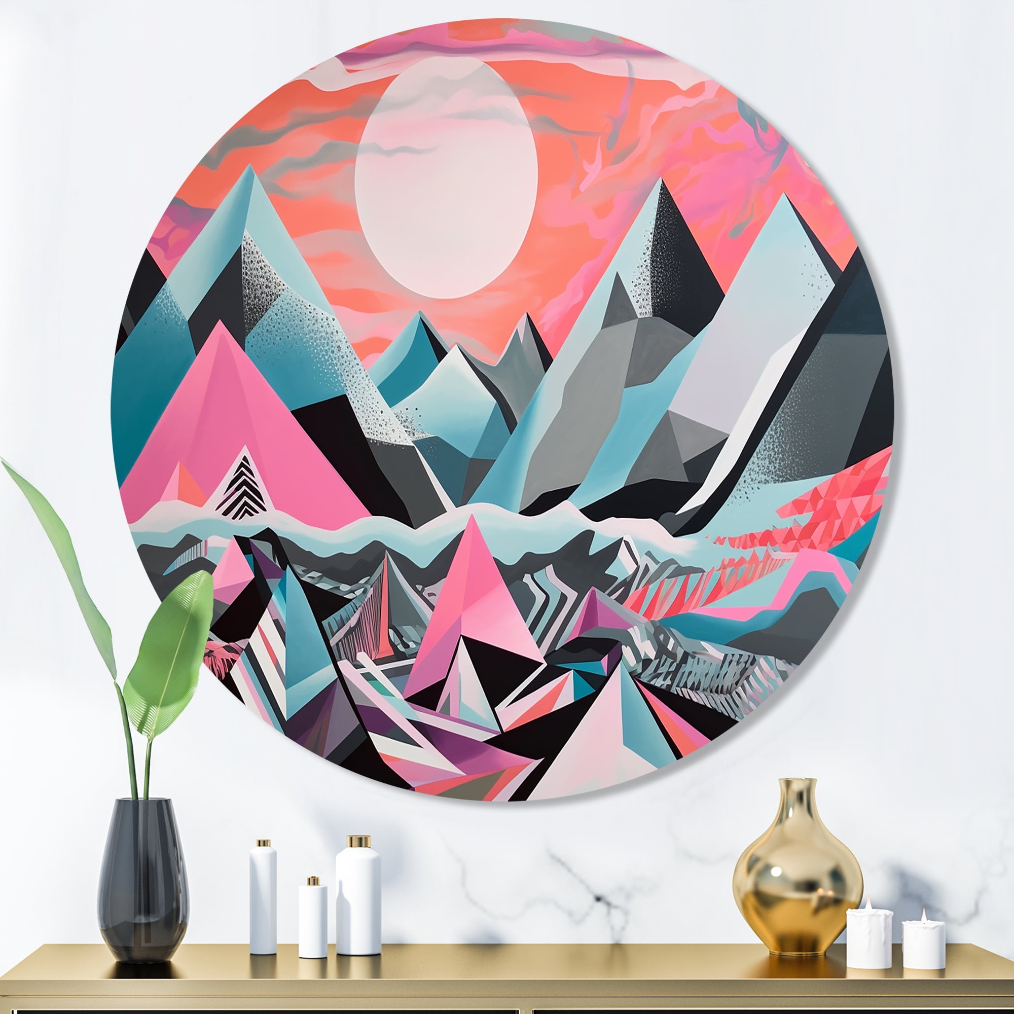Designart "Sharp Mountain Peaks in Pink" Landscape Modern Metal Round ...