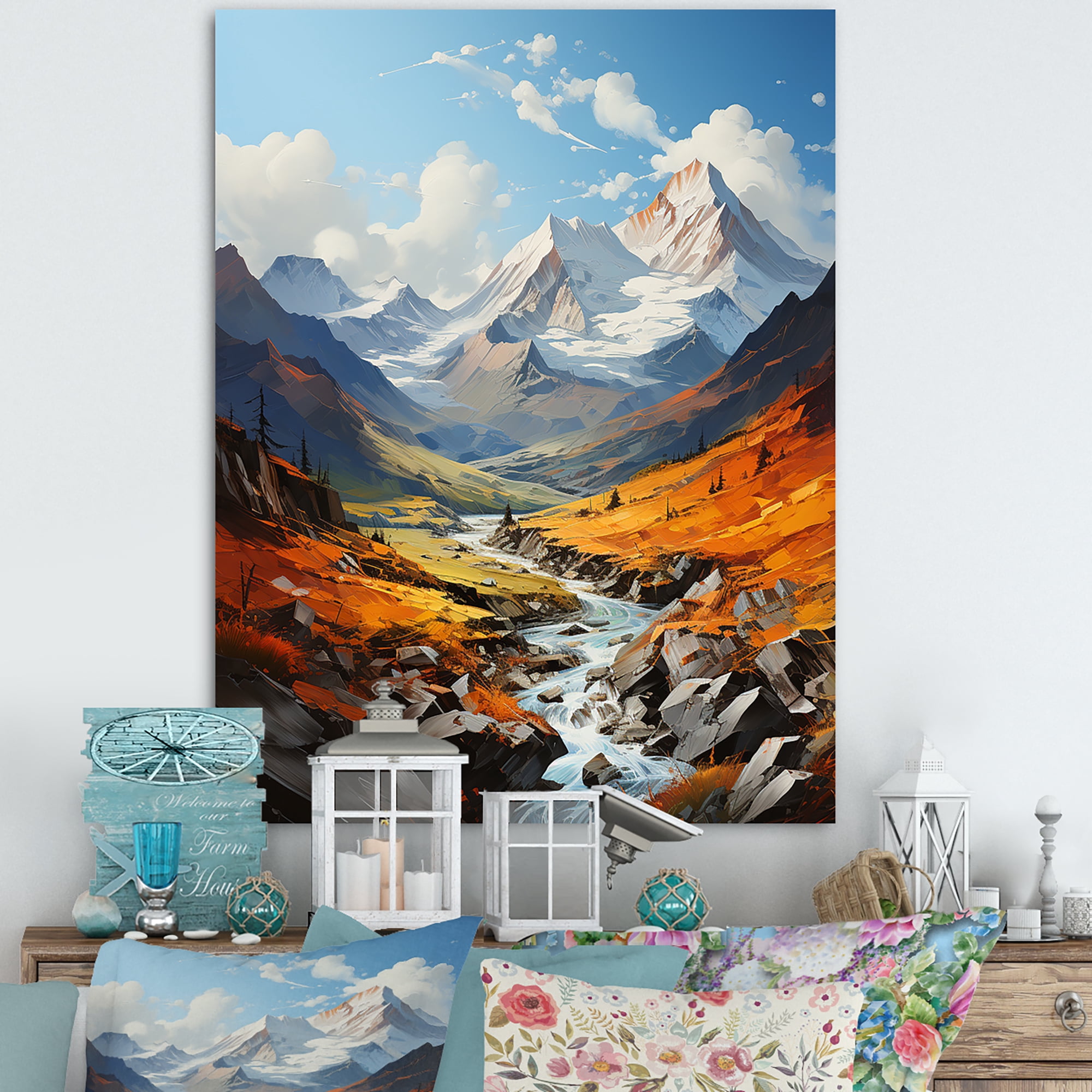 Designart "Sharp Peaks of Orange Blue Mountains" Cottage Wall Art ...
