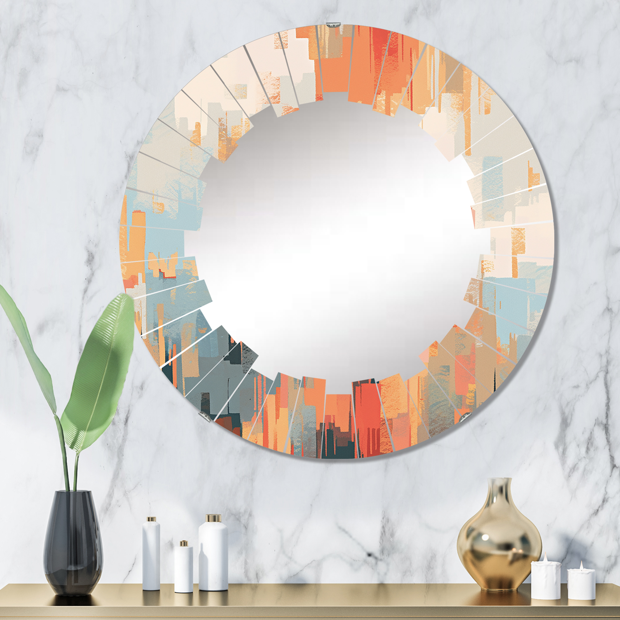 Designart "Shattered Realities Orange Beige Composition" Cubism Round ...