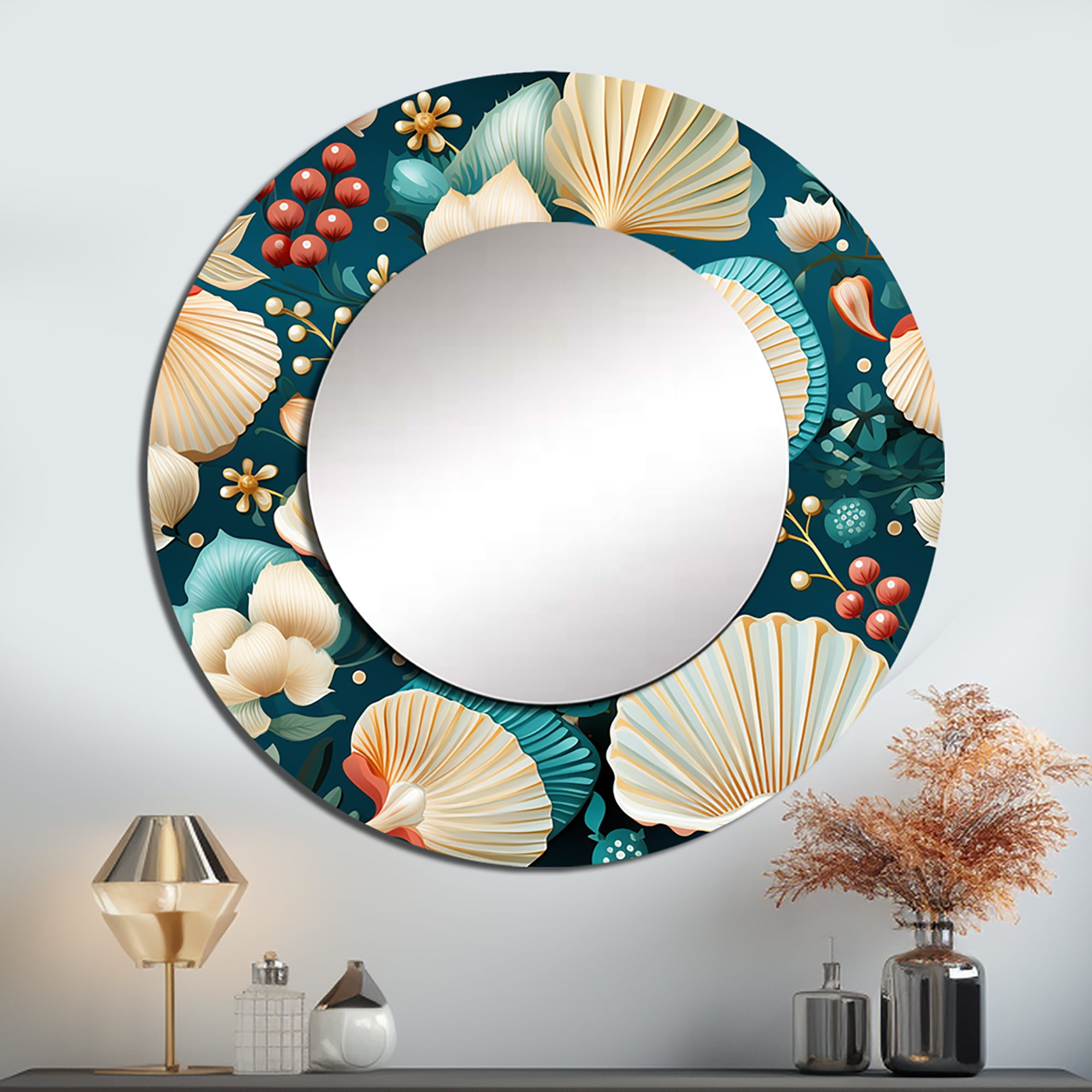 Designart "Shelled Coastal Wonders I" Graphic Print Blue Large Round ...