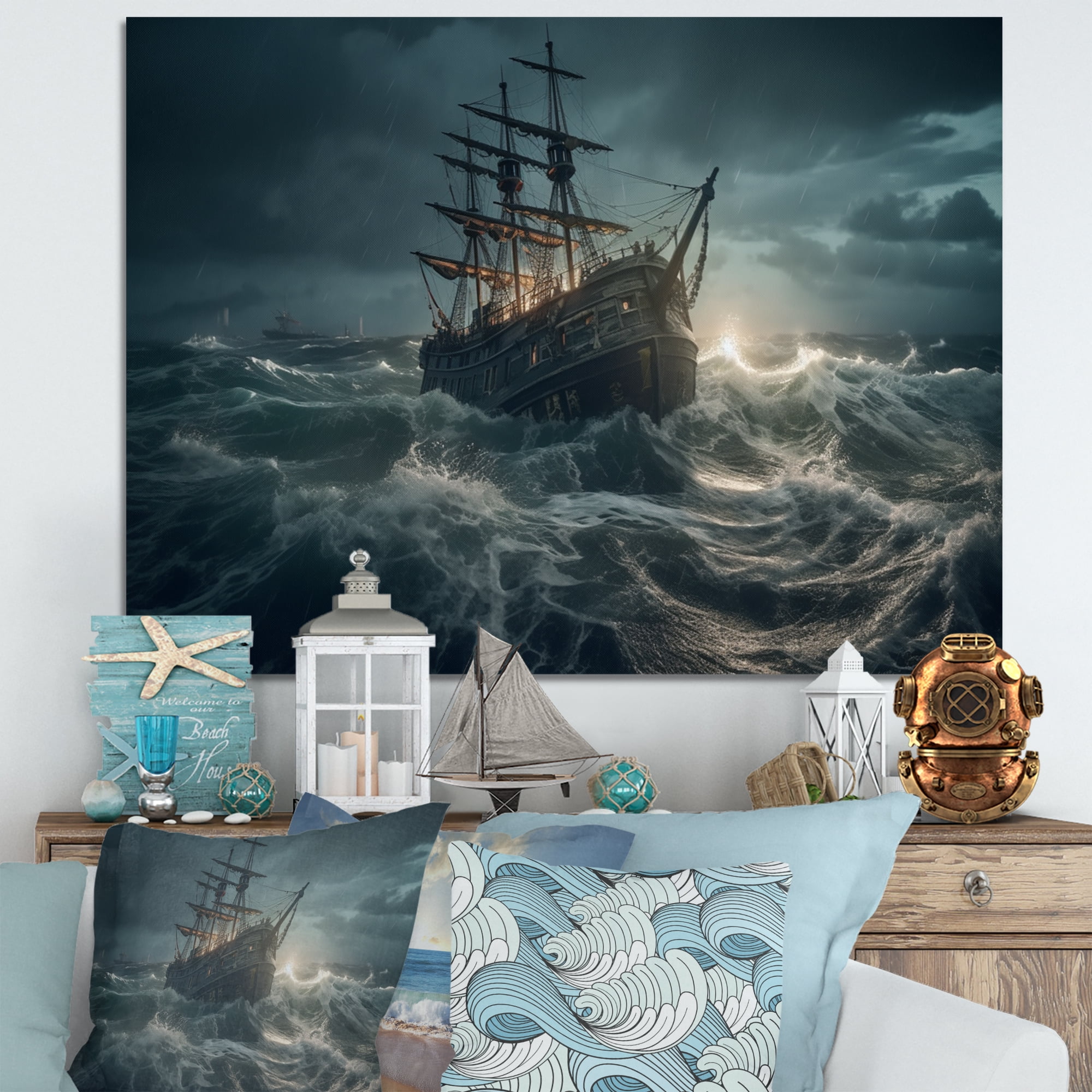 Designart "Ship In The Middle Of A Storm I" Modern Landscape Beach Wall ...
