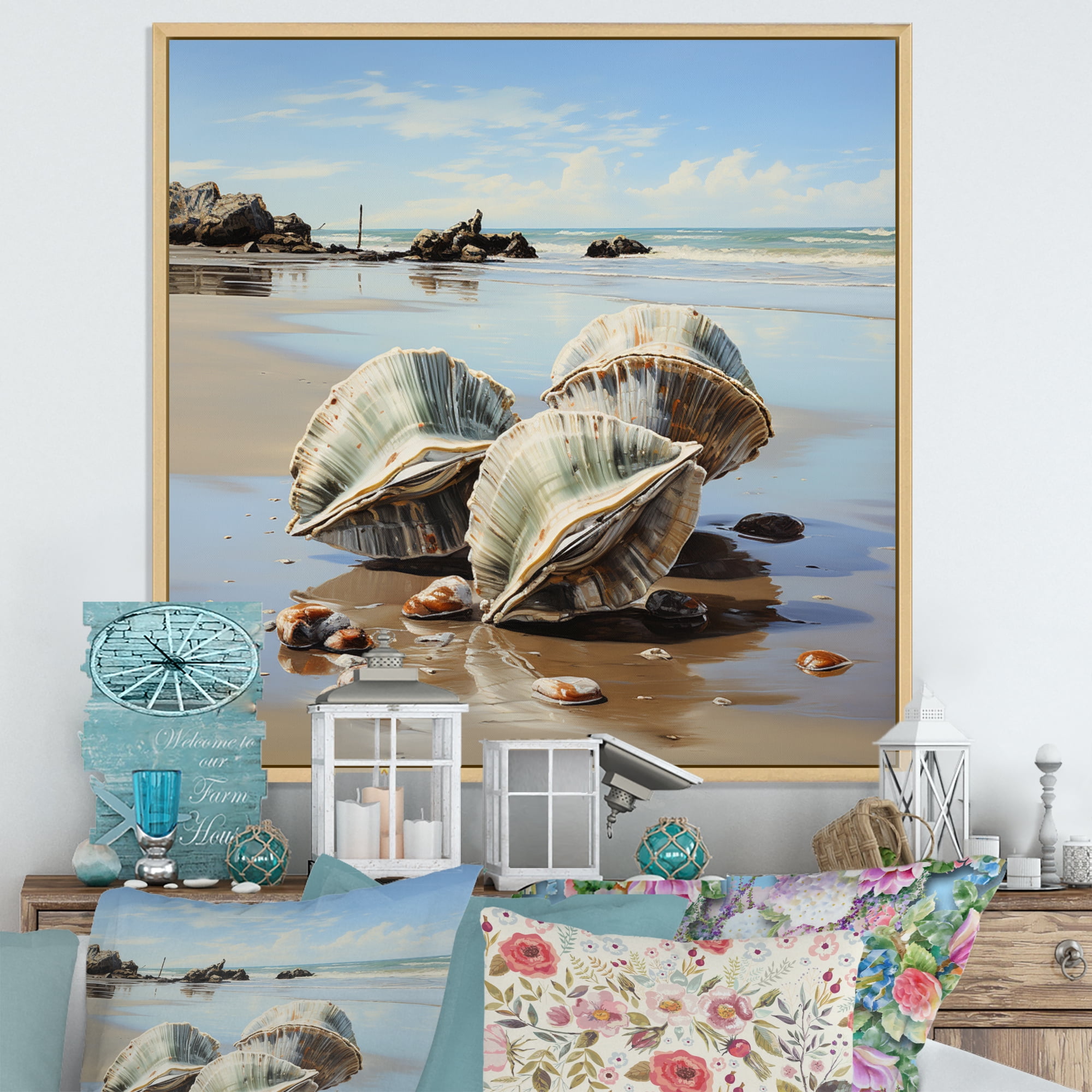 Designart "Silent Sentinels Beige Clam painting" Animals Floater Framed ...