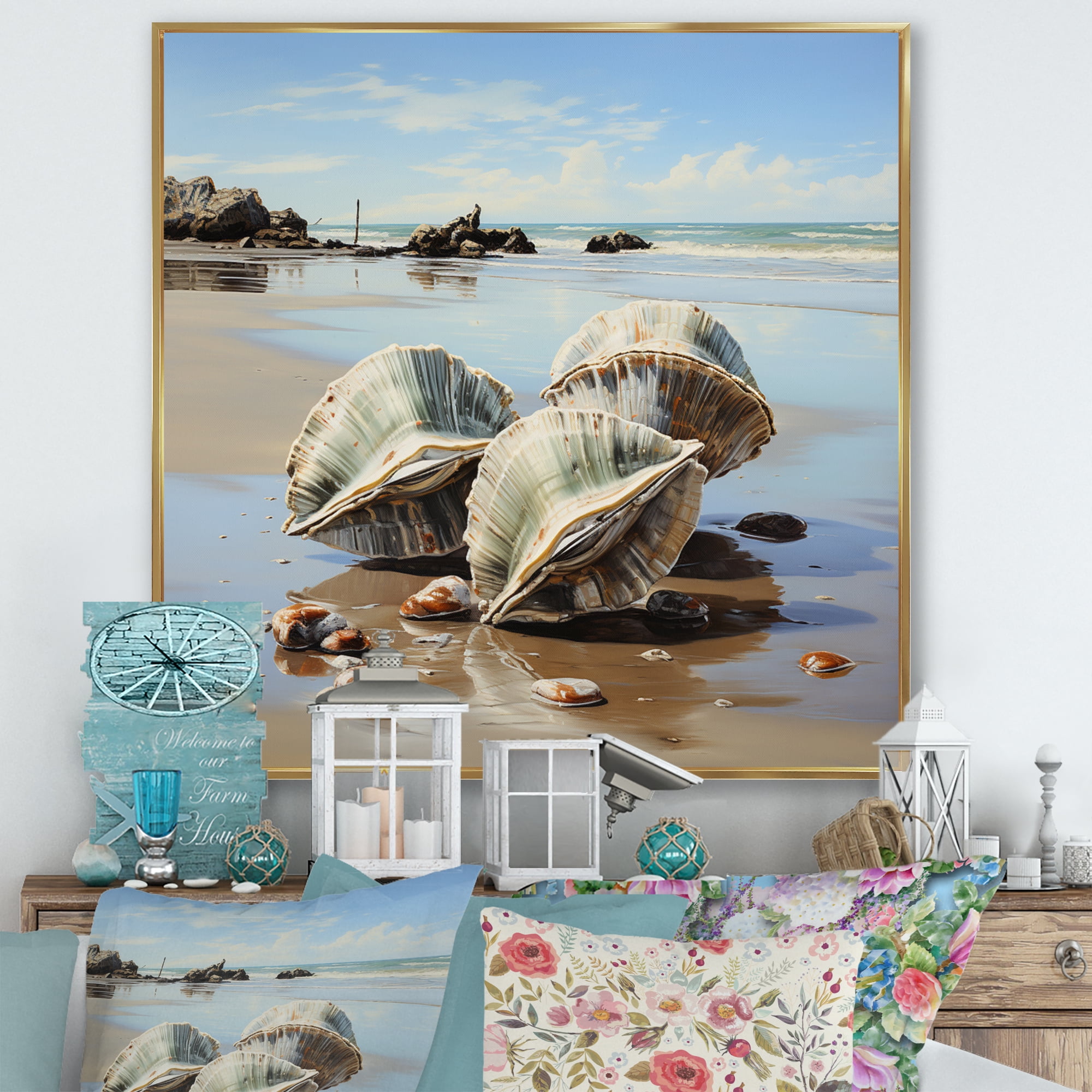 Designart "Silent Sentinels Beige Clam painting" Animals Floater Framed ...