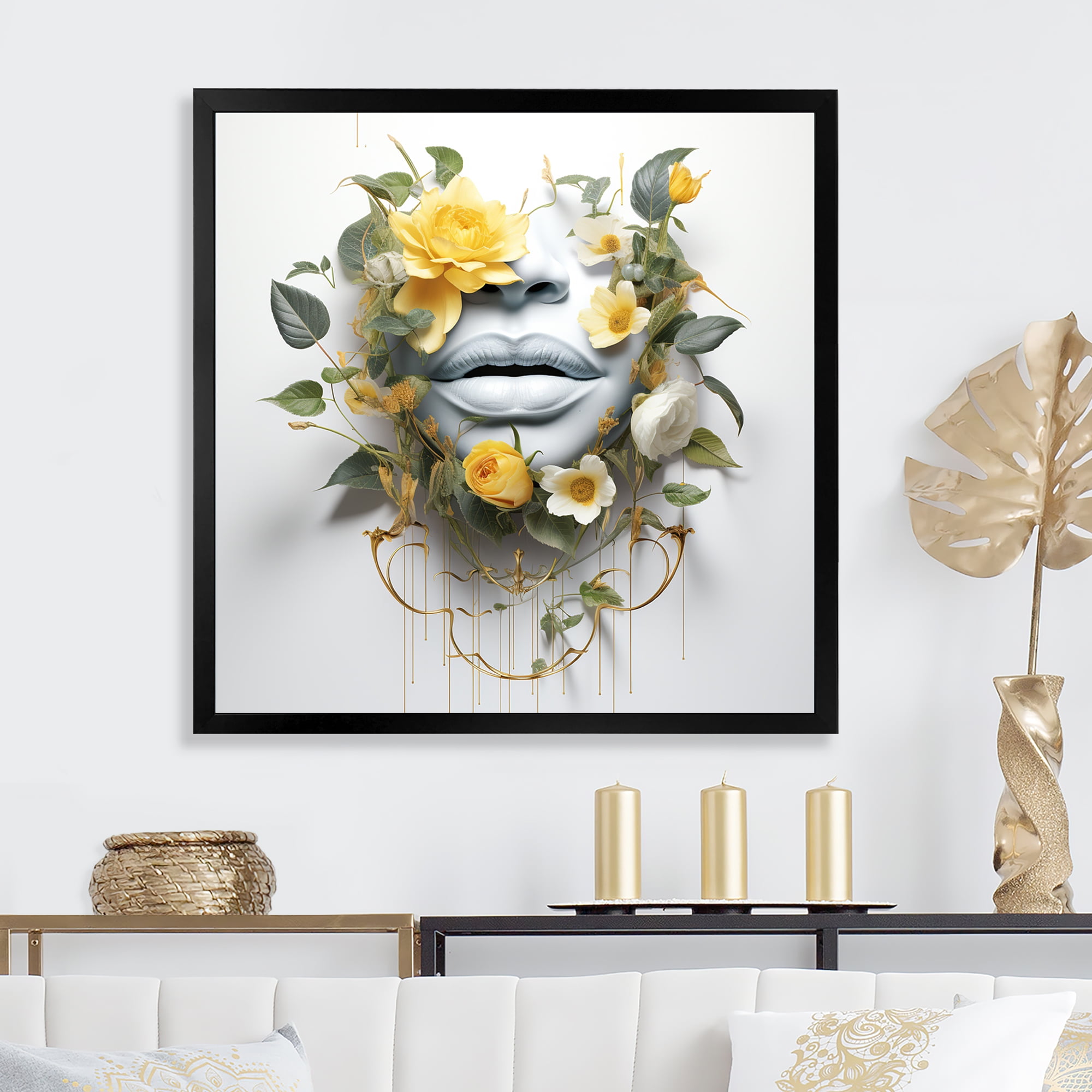 Designart "Silhouette of Floral Lips III" Fashion Framed Wall Art Decor - Glam Yellow Woman ...