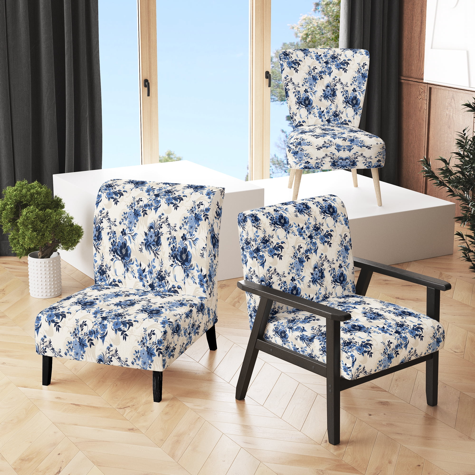 Designart "Silhouetted Cameo Ii In Cobalt Blue" Blue Floral Upholstered ...