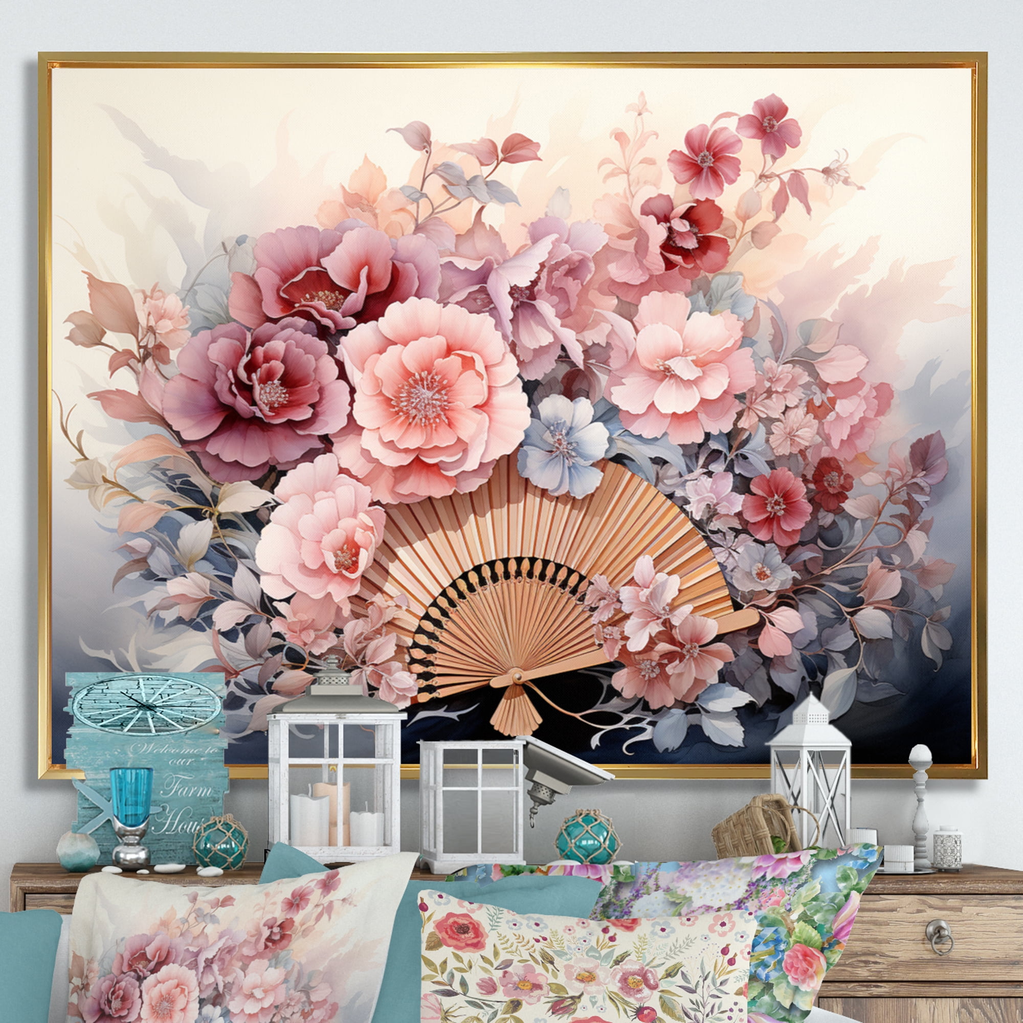 Designart "Silk Fans China Art painting" Chinese Floater Framed Wall ...