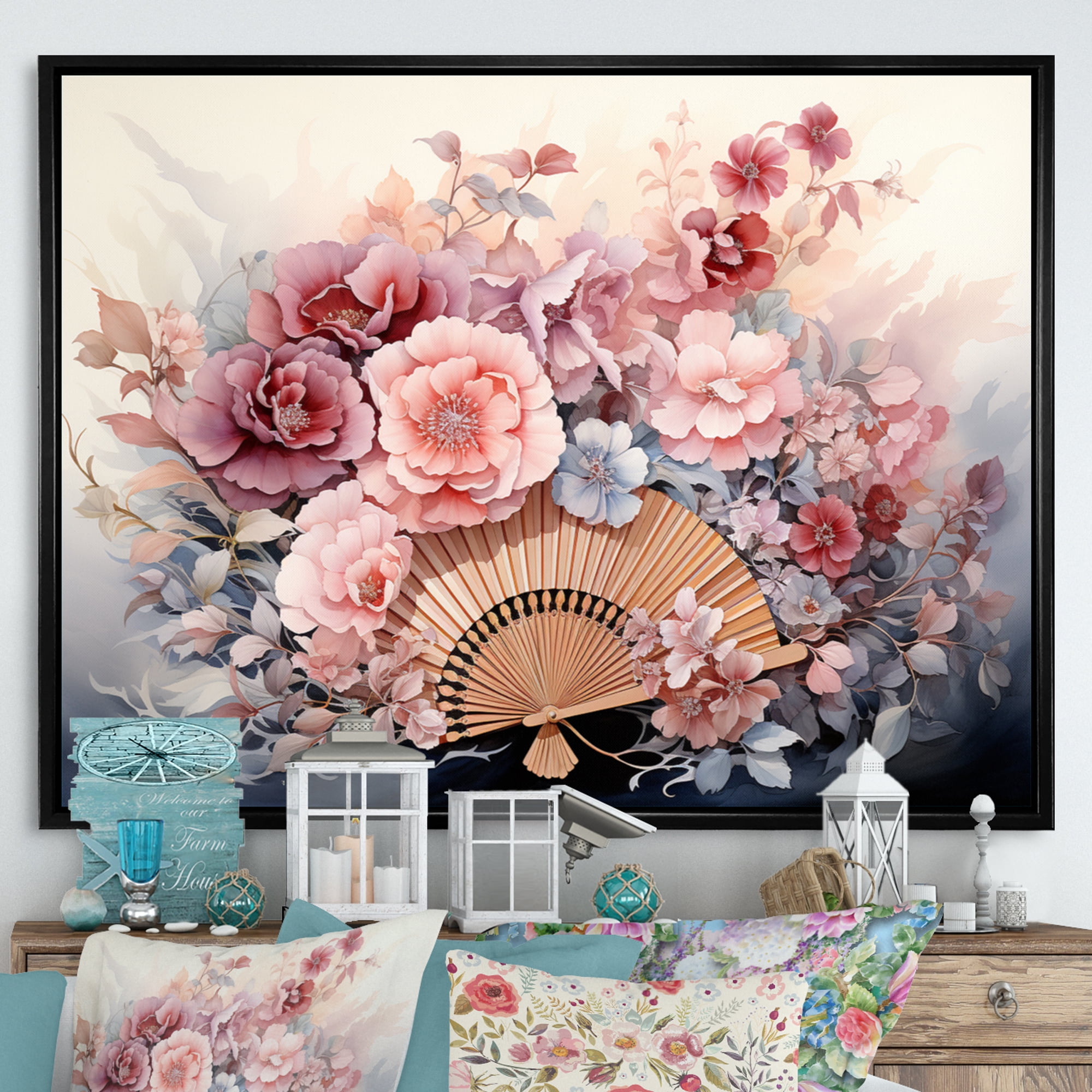 Designart "Silk Fans China Art painting" Chinese Floater Framed Wall ...