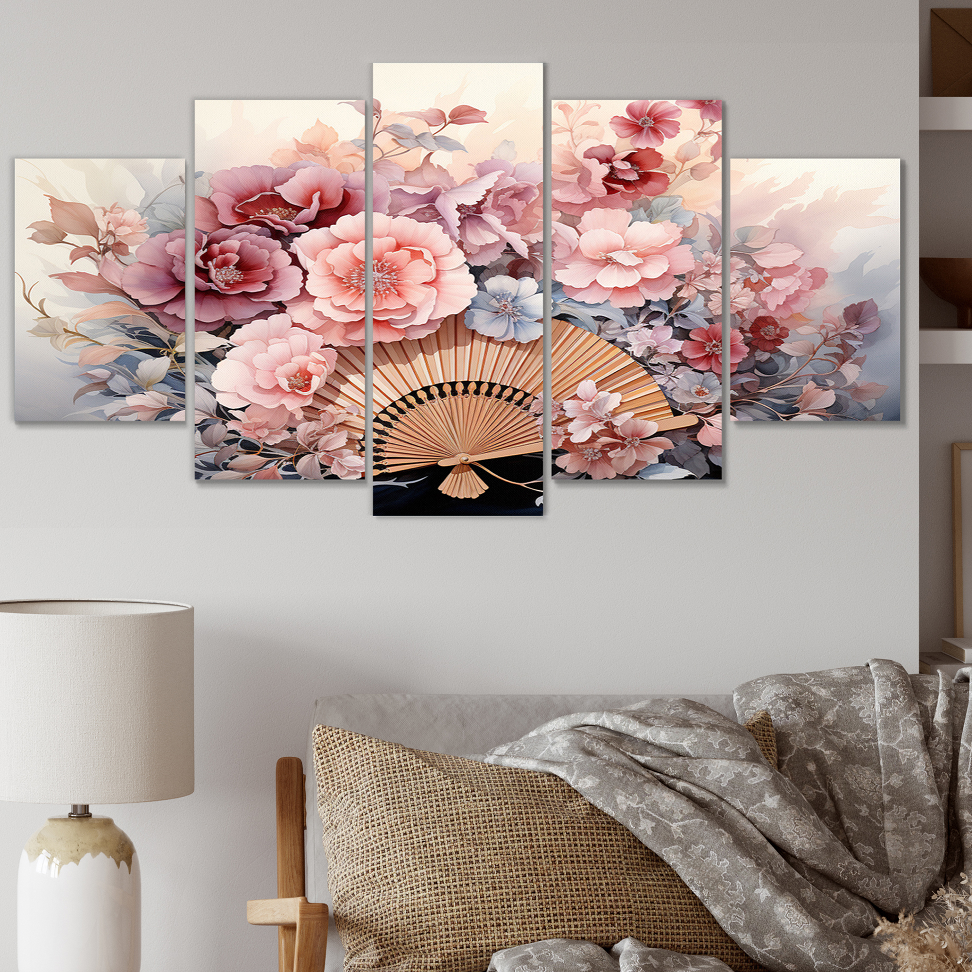 Designart "Silk Fans China Art painting" Chinese Metal Wall Decor Set ...