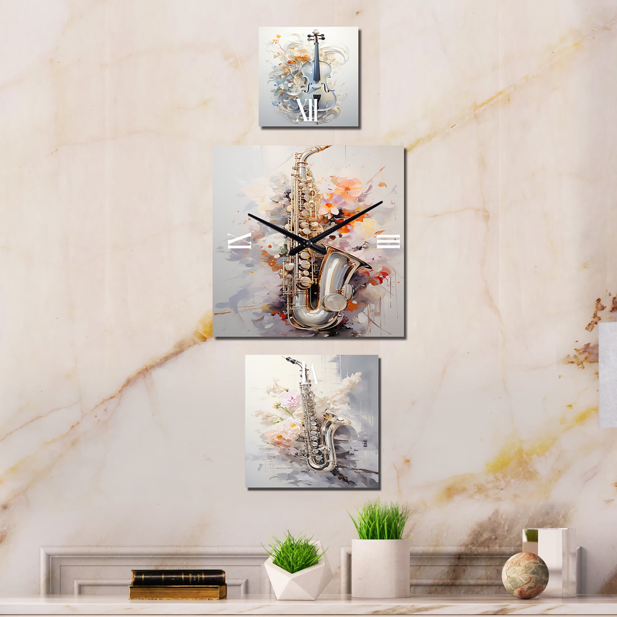 Designart "Silver Graceful Flute Whispers" Music Oversized Wall Clock ...