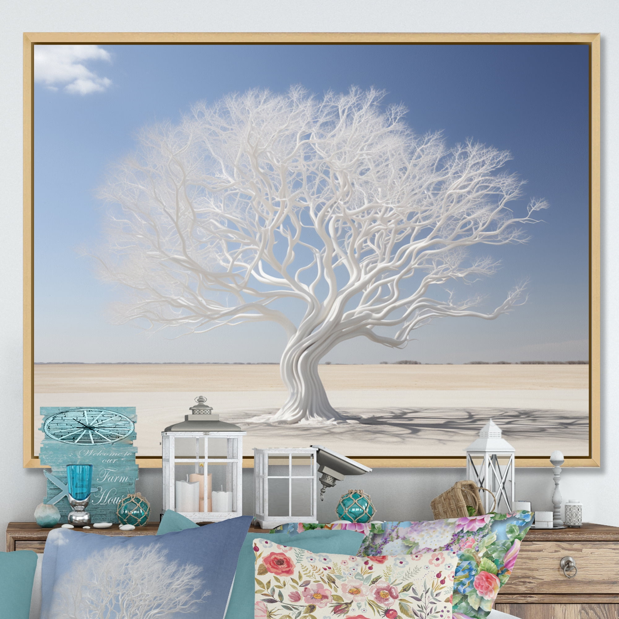 Designart "Silver-Toned Frosty Timber" Landscape Trees Floater Framed ...