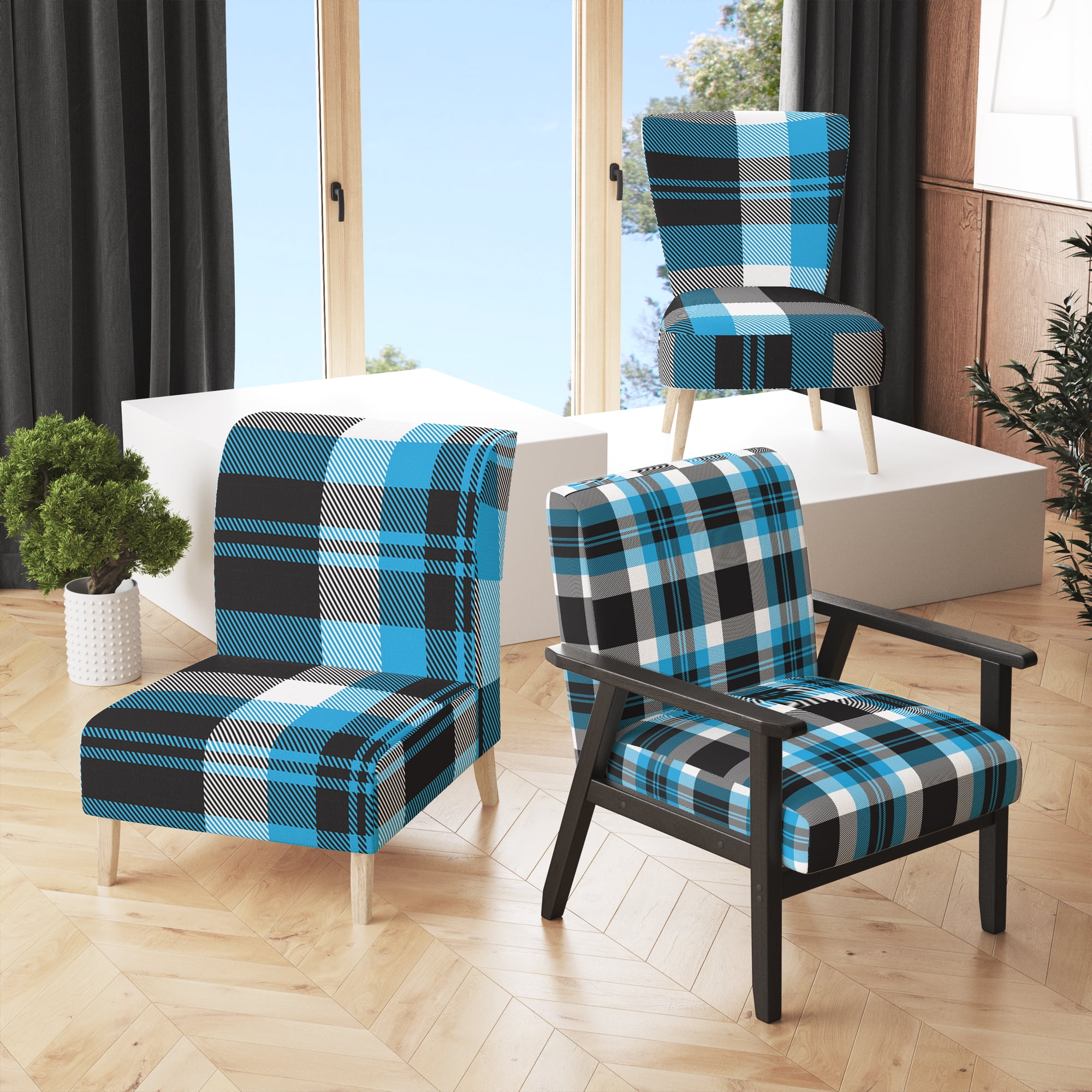 Designart "Silver and Blue Checked Tartan" Upholstered Patterned Accent ...