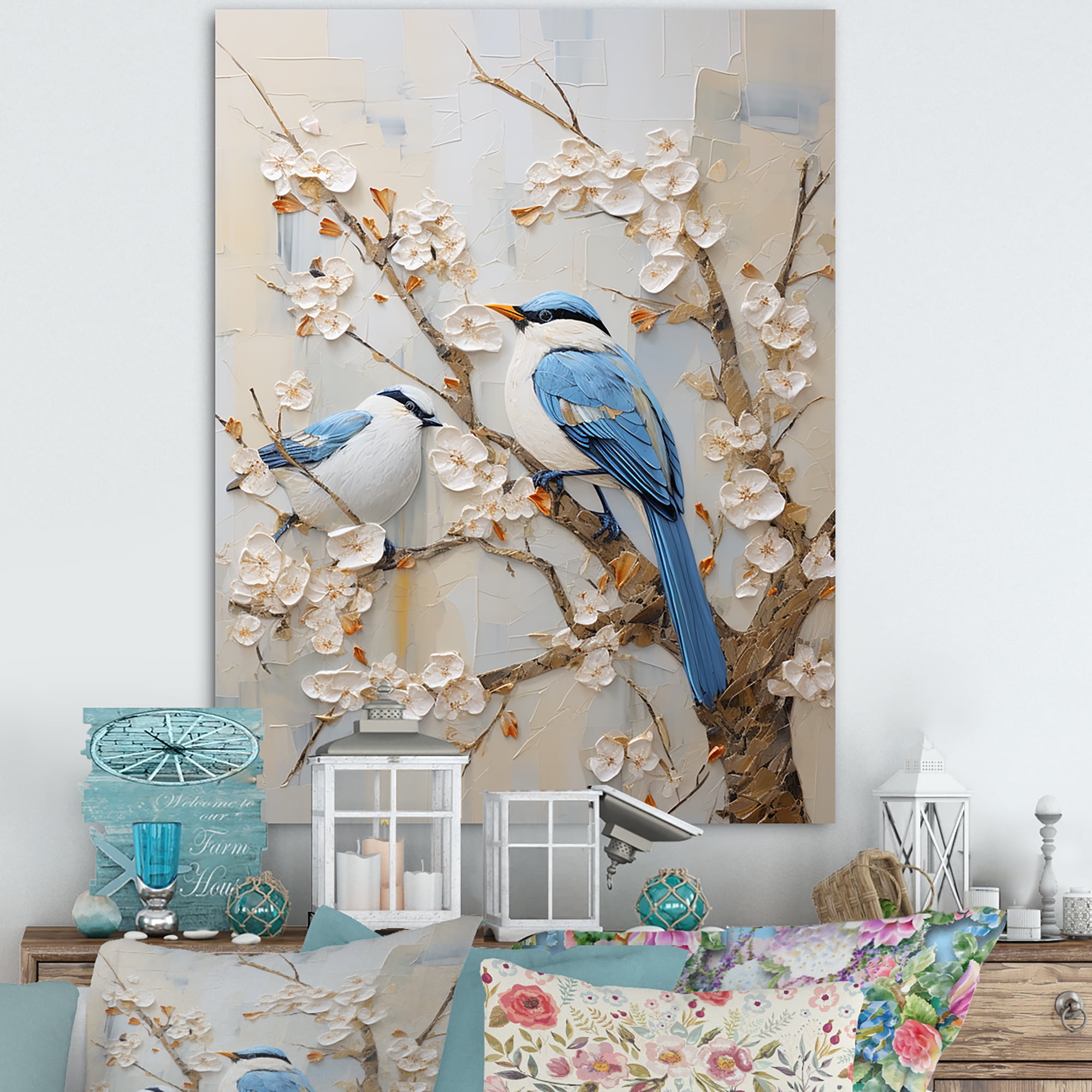 Designart "Simplified Exotic Birds Amid Cherry Blooms" Birds Of ...