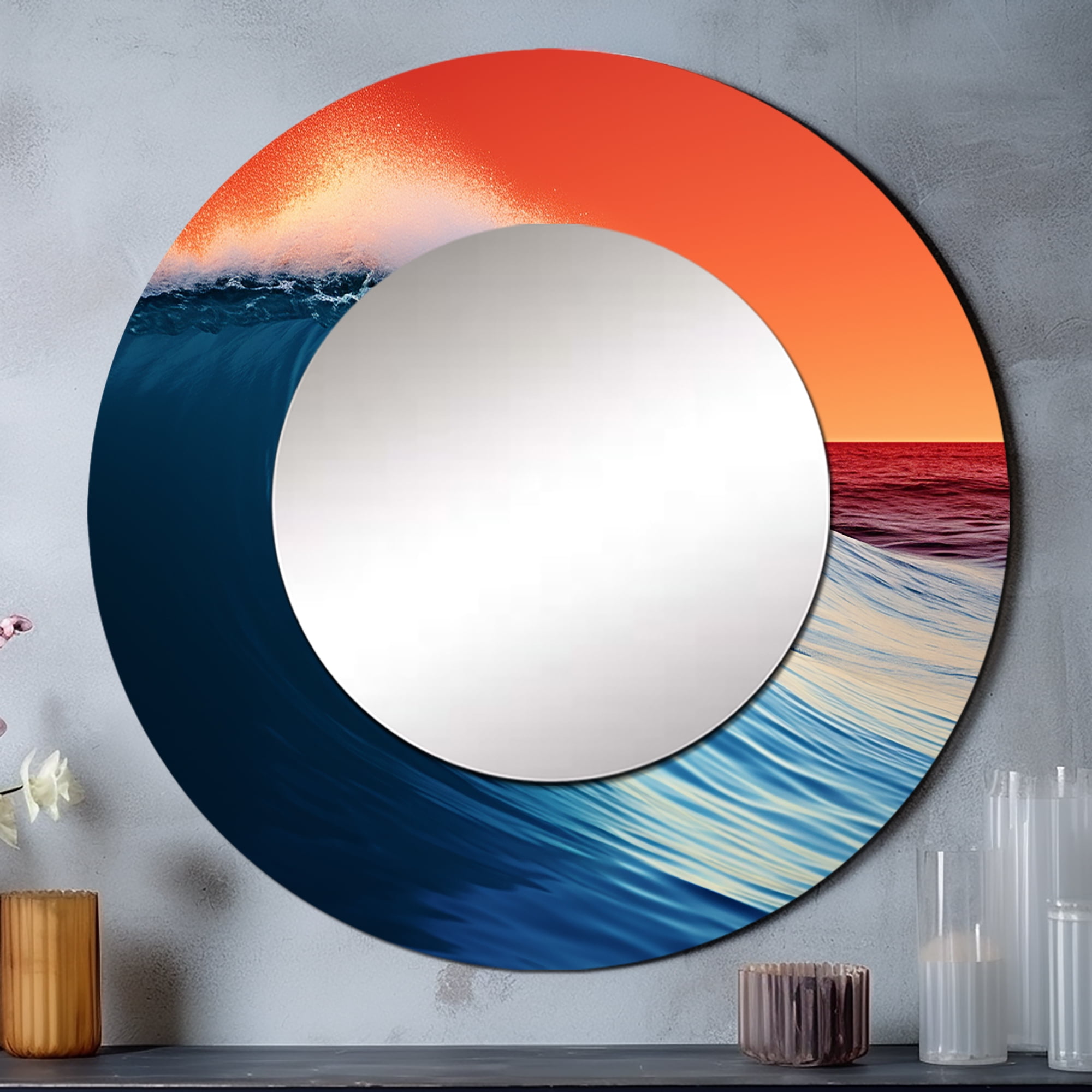 Designart "Simplistic Azure And Tangerine Wave Morning" Beach Rund ...