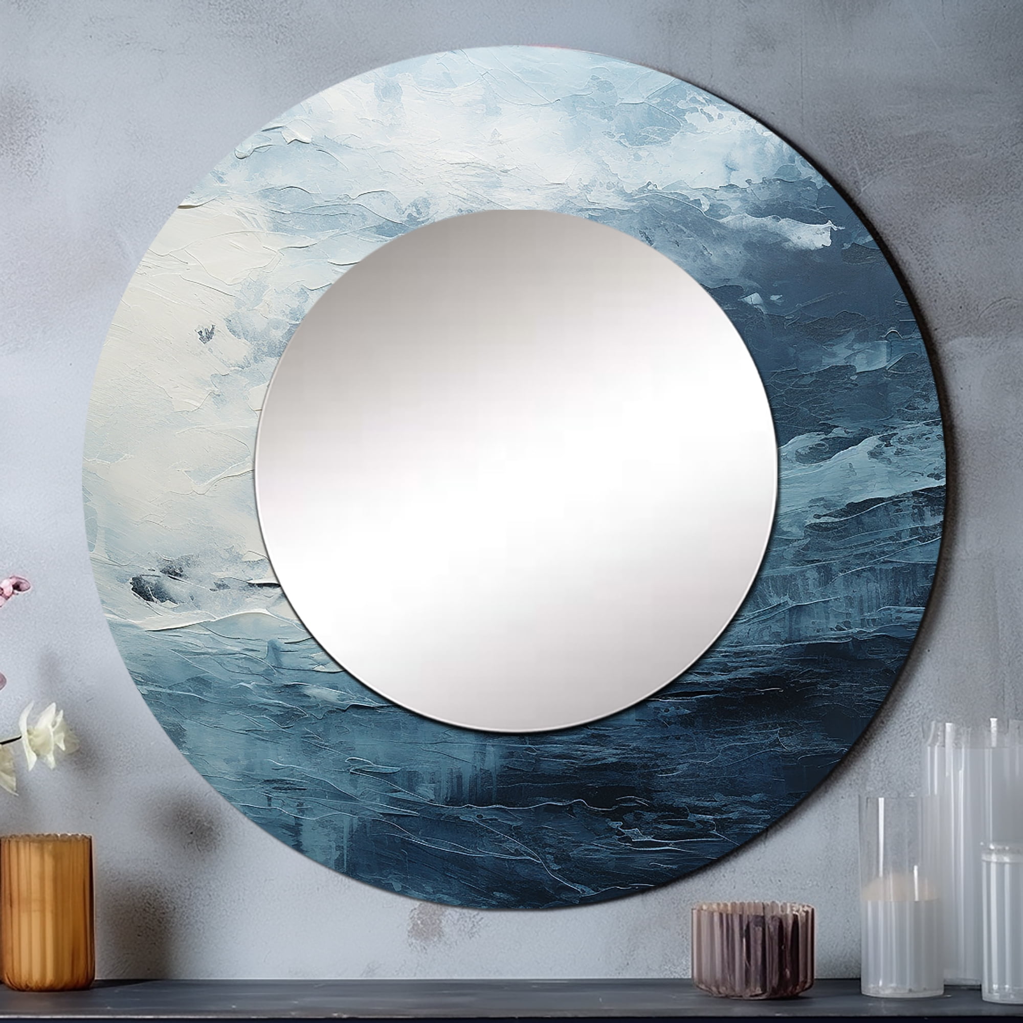 Designart "Simplistic Ebony And Azure Wave Design" Beach Round Mirror ...