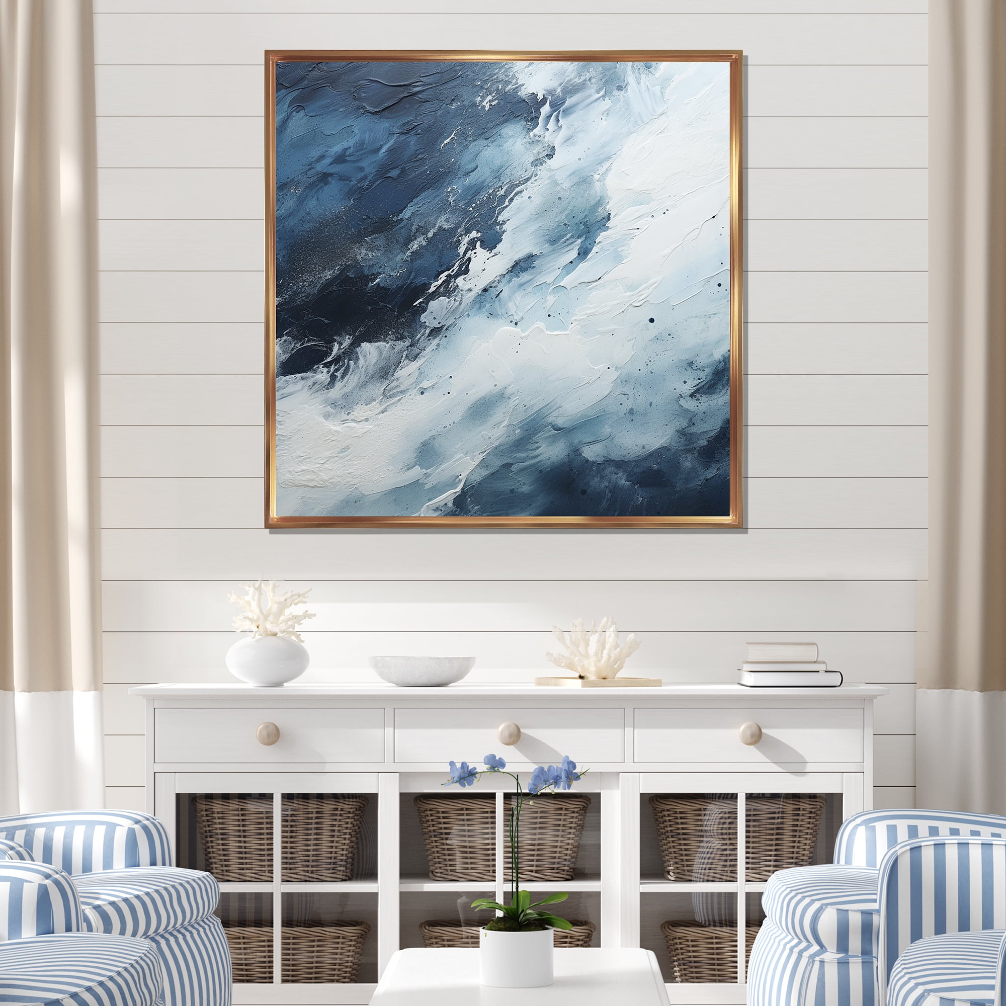 Designart "Simplistic Ebony And Azure Wave Design I" Coastal Floater ...