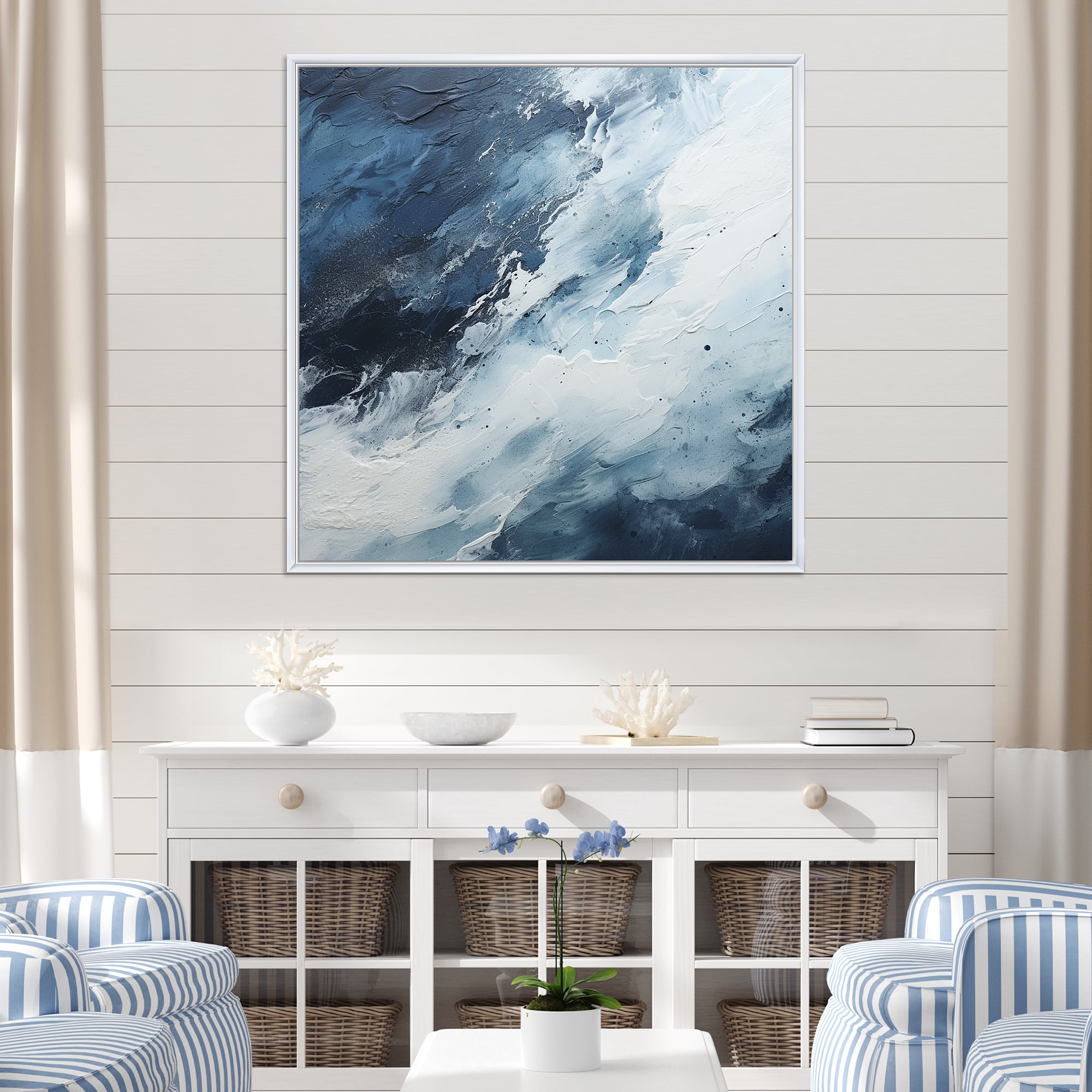 Designart "Simplistic Ebony And Azure Wave Design I" Coastal Floater ...