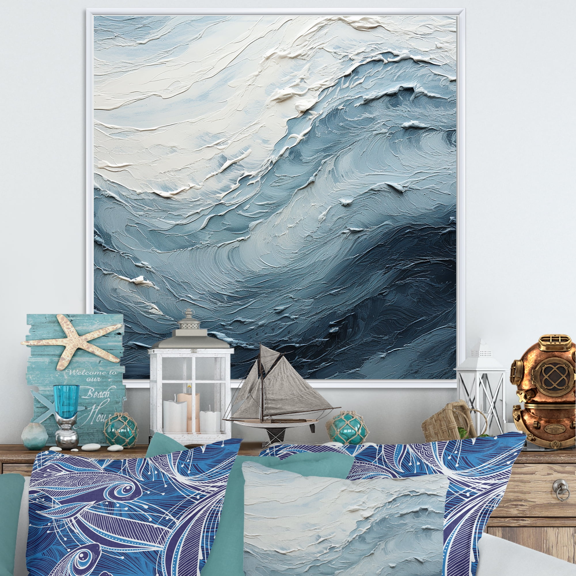 Designart "Simplistic Ebony And Azure Wave Design II" Coastal Floater ...