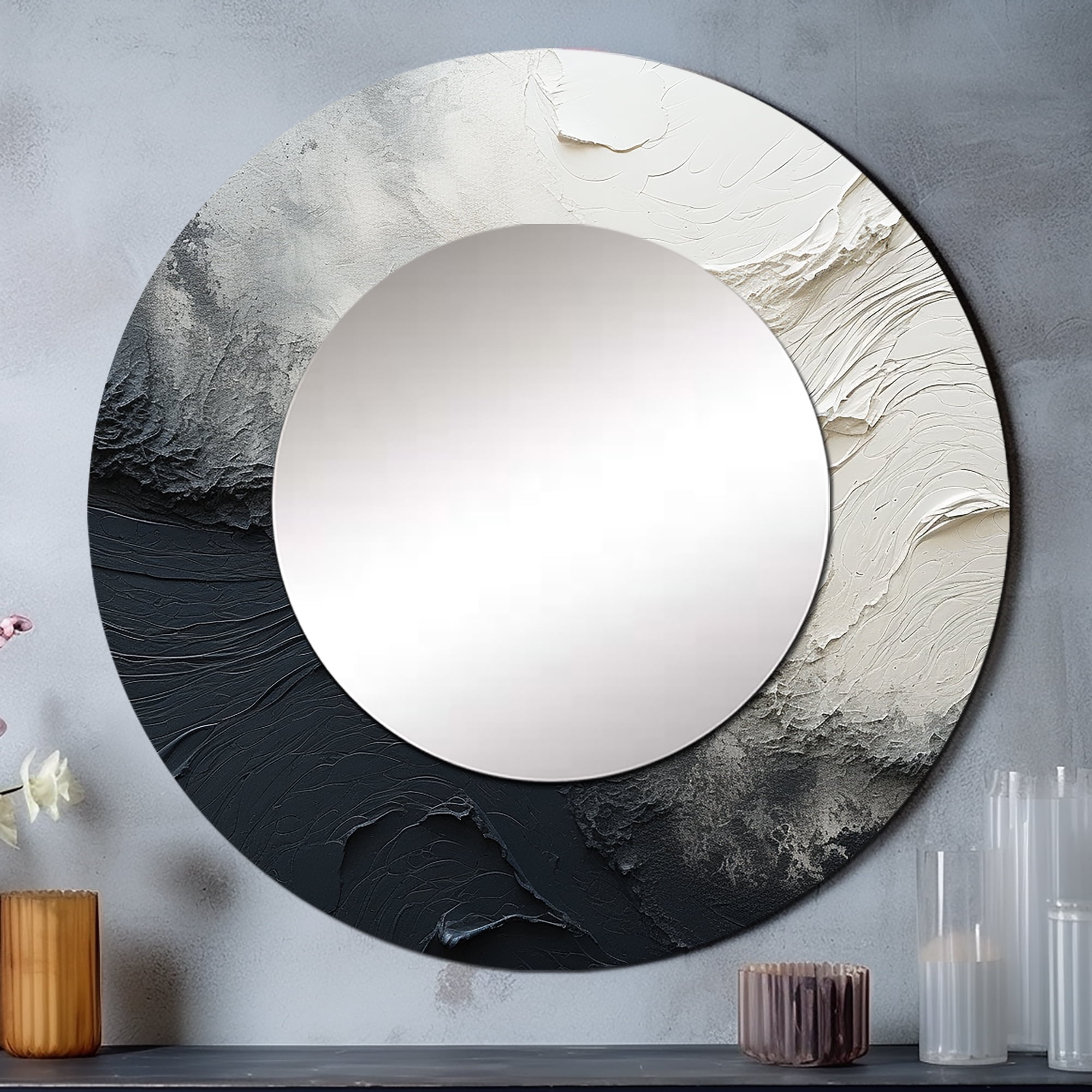 Designart "Simplistic Ebony and Azure Wave Design I" Beach Round Mirror ...