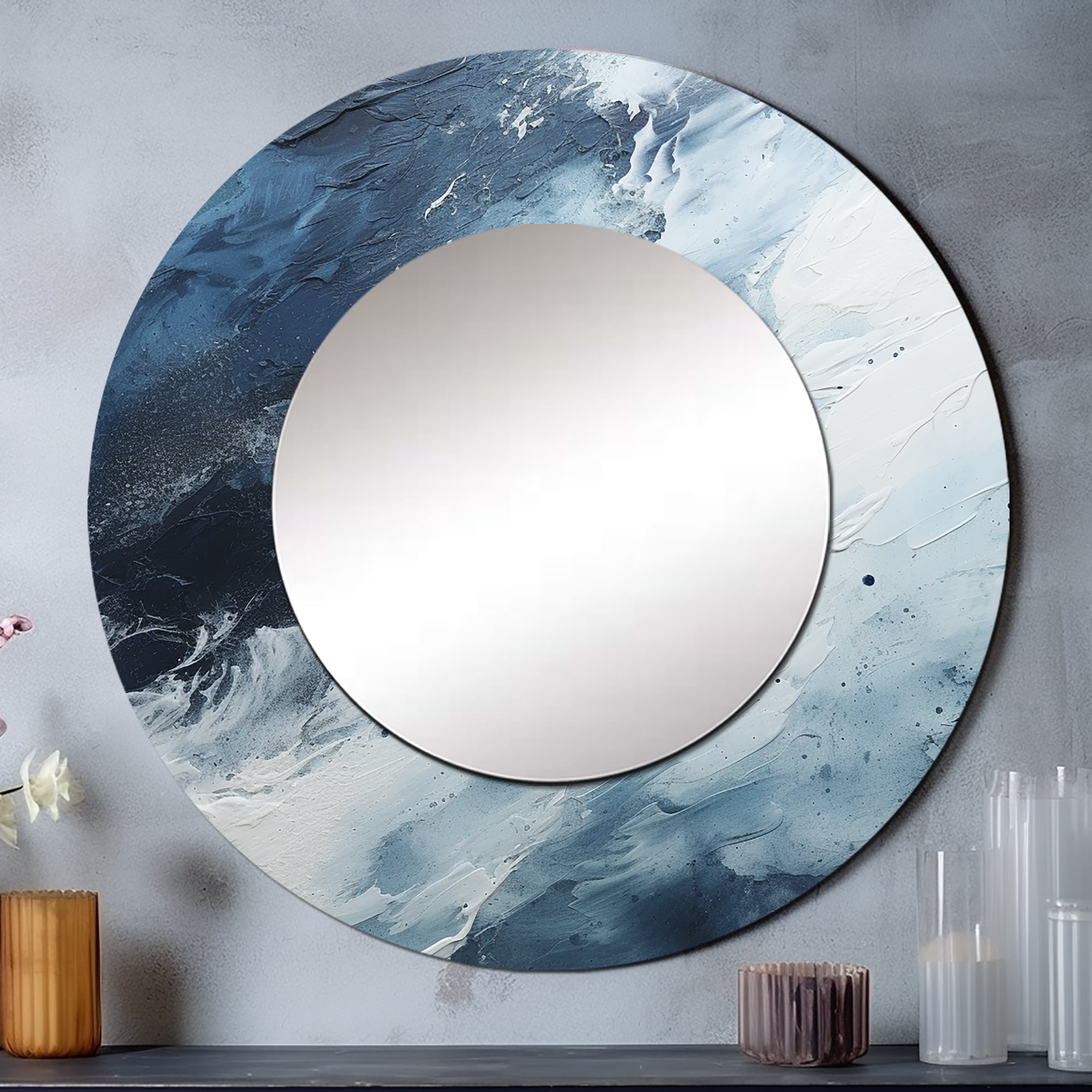 Designart "Simplistic Ebony and Azure Wave Design I" Beach Rund Mirror ...