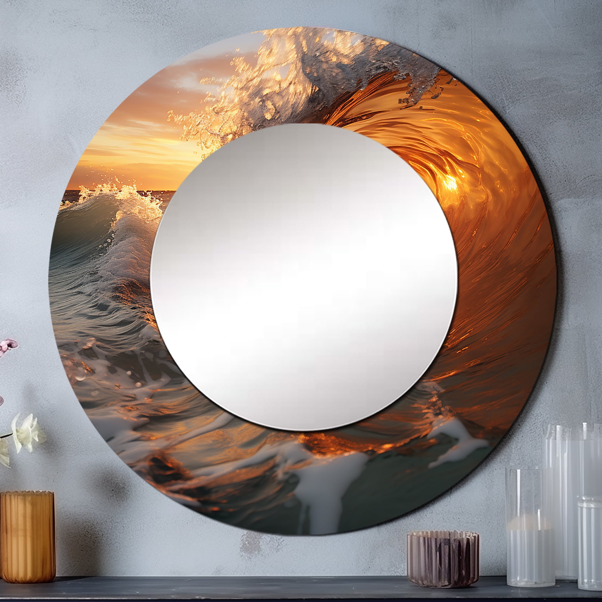 Designart "Simplistic Golden Wave Dawn" Beach Round Mirror Wall Decor ...