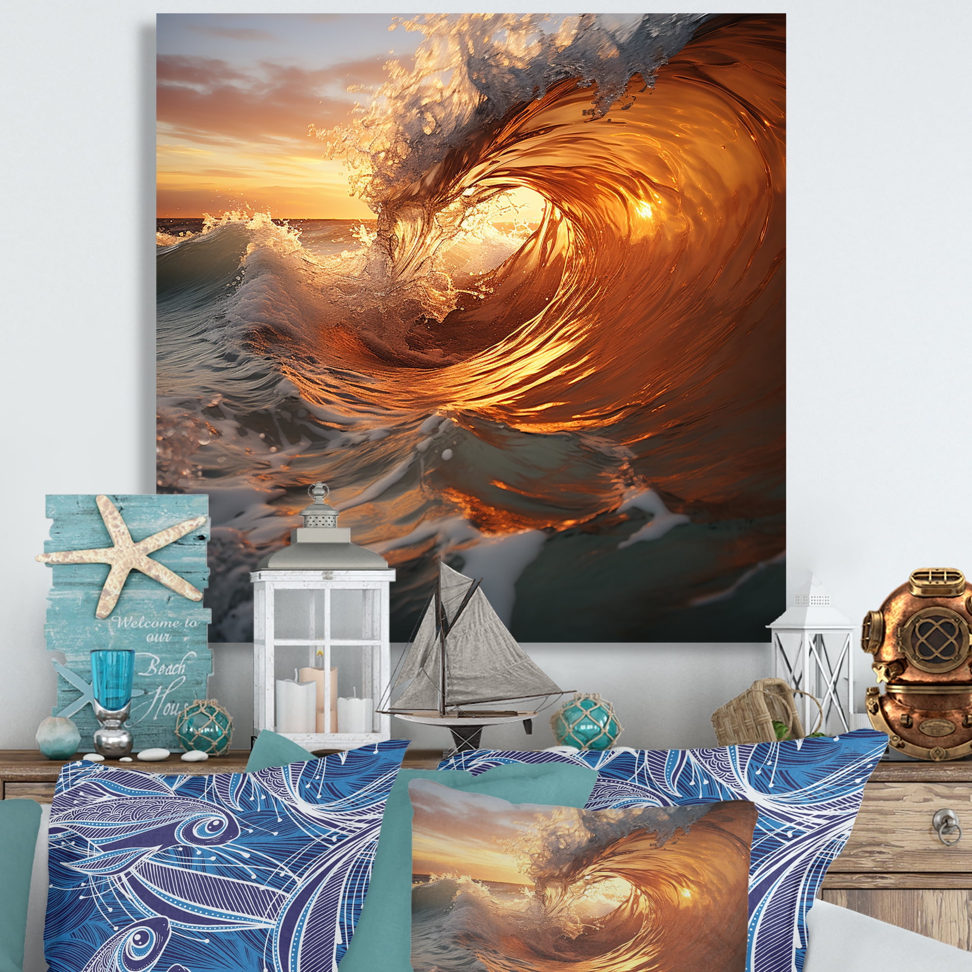 Designart "Simplistic Golden Wave Dawn" Coastal Wall Art Prints ...