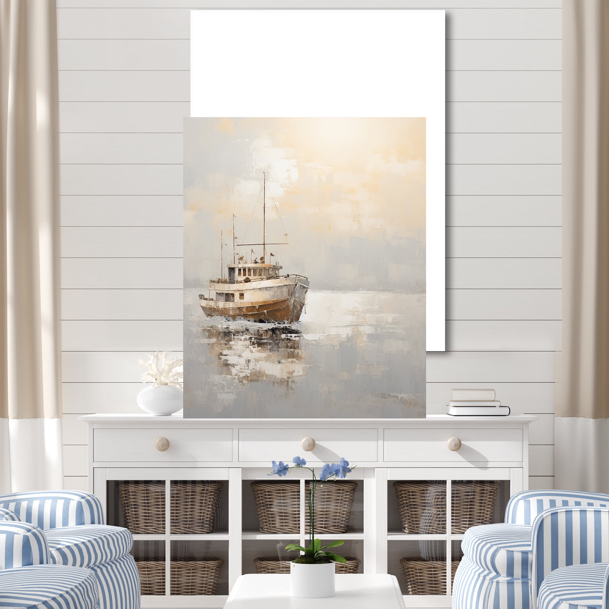 Designart "Simplistic Horizon With Fishing Boat" Coastal Boat Wall Art ...