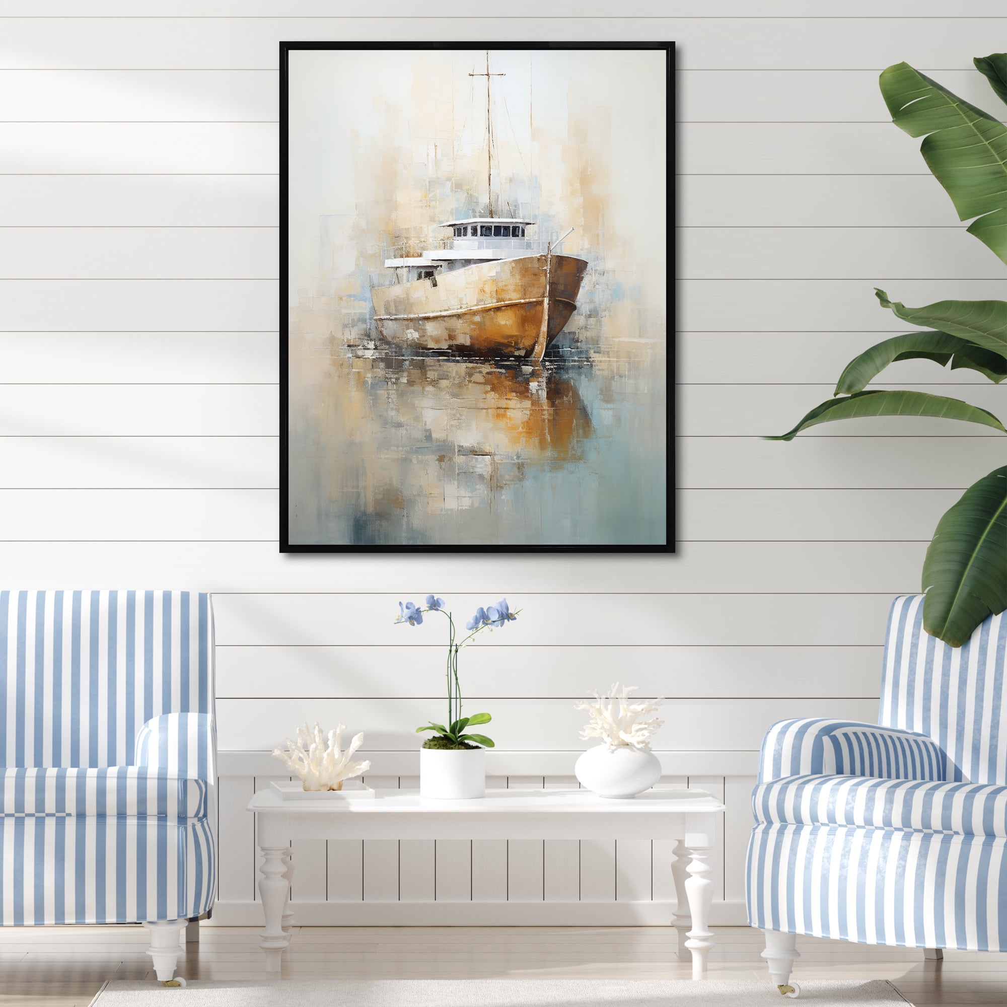 Designart "Simplistic Horizon With Fishing Boat I" Coastal Boat Floater ...