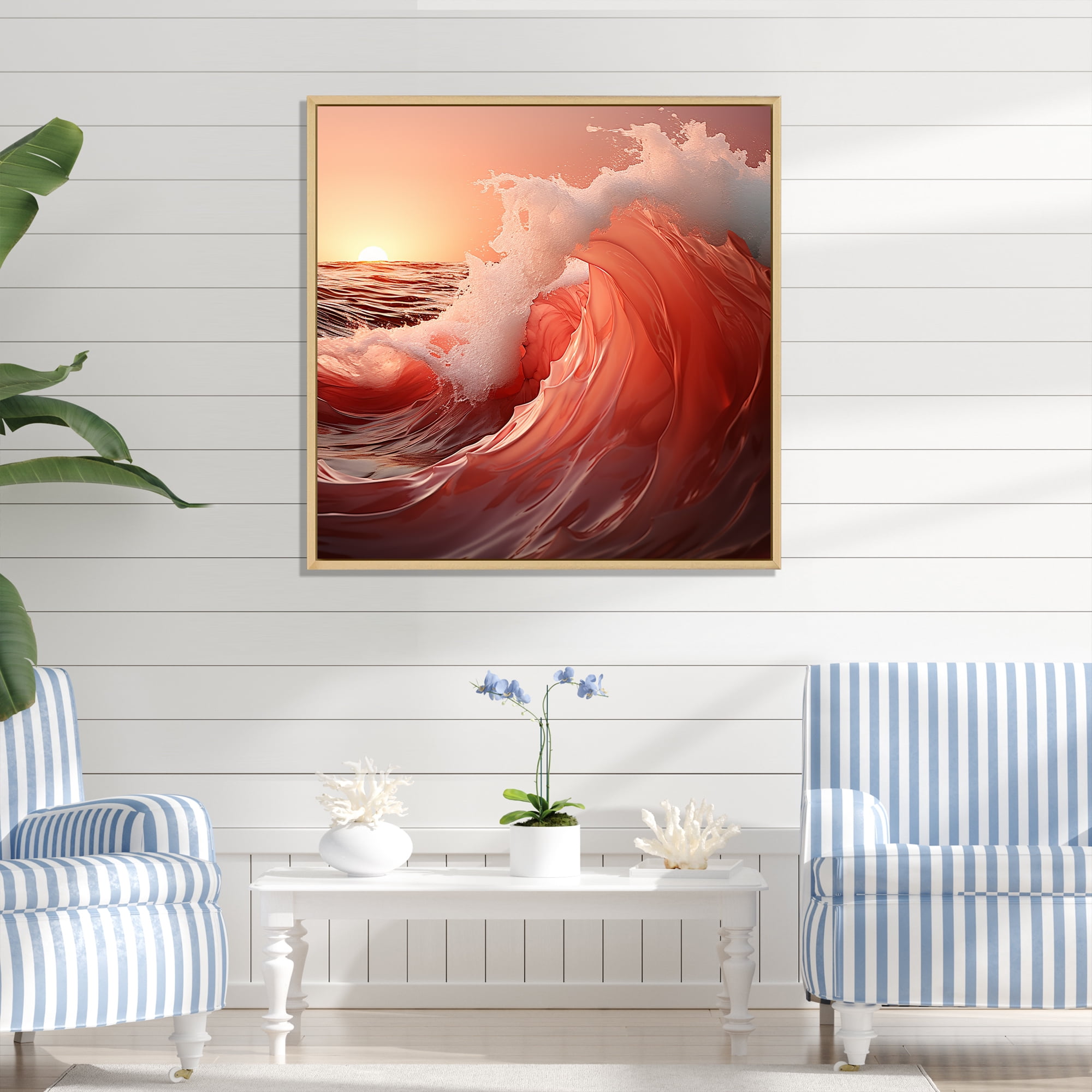 Designart "Simplistic Roseate Wave Dawn" Coastal Floater Framed Wall ...