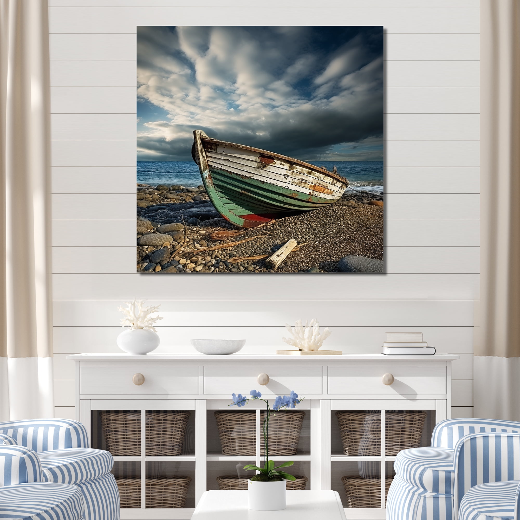 Designart "Simplistic Seaside Boat Panorama" Coastal Boat Canvas Prints ...