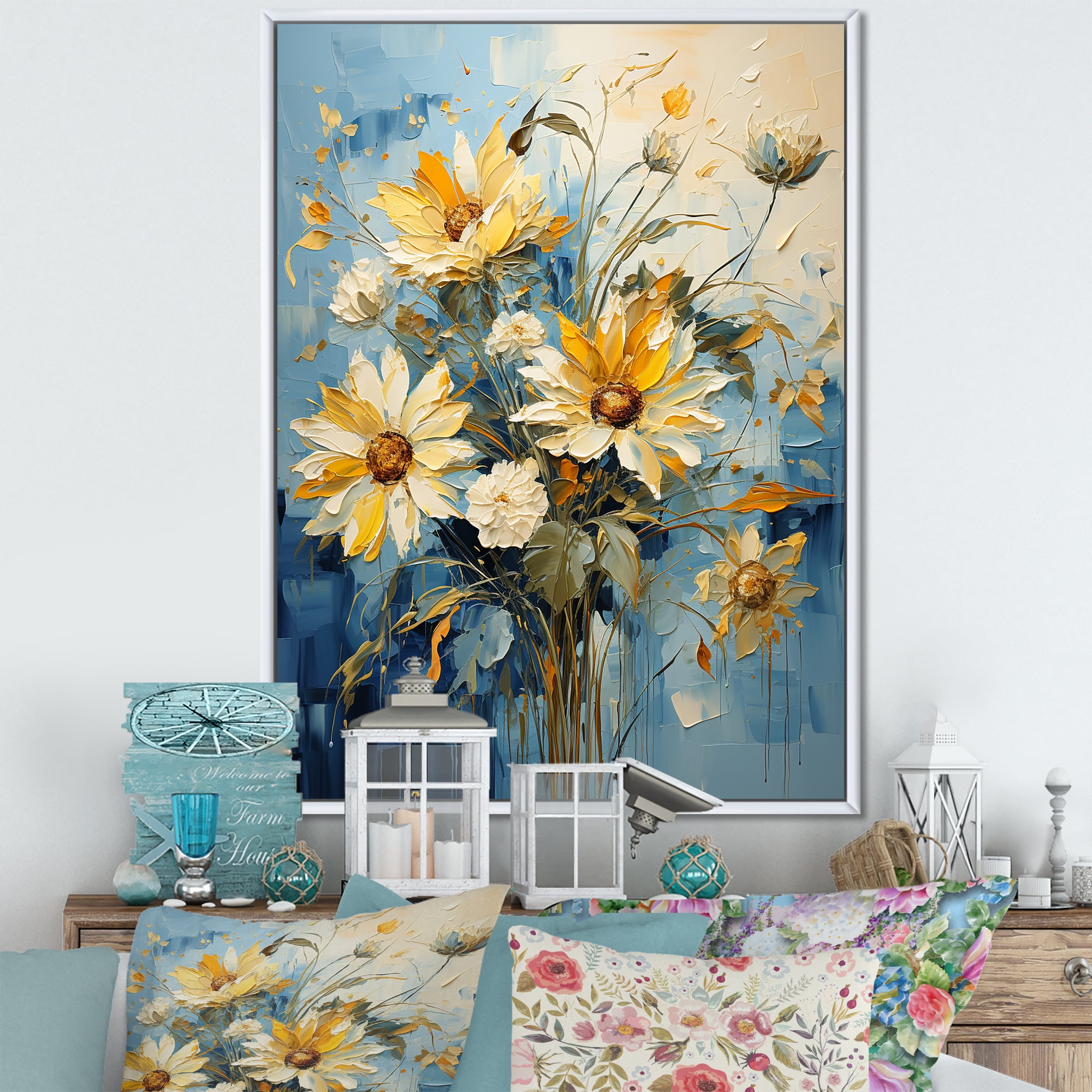 Designart "Sky-Blue Sunflower Fields" Sunflowers Floater Framed Wall ...