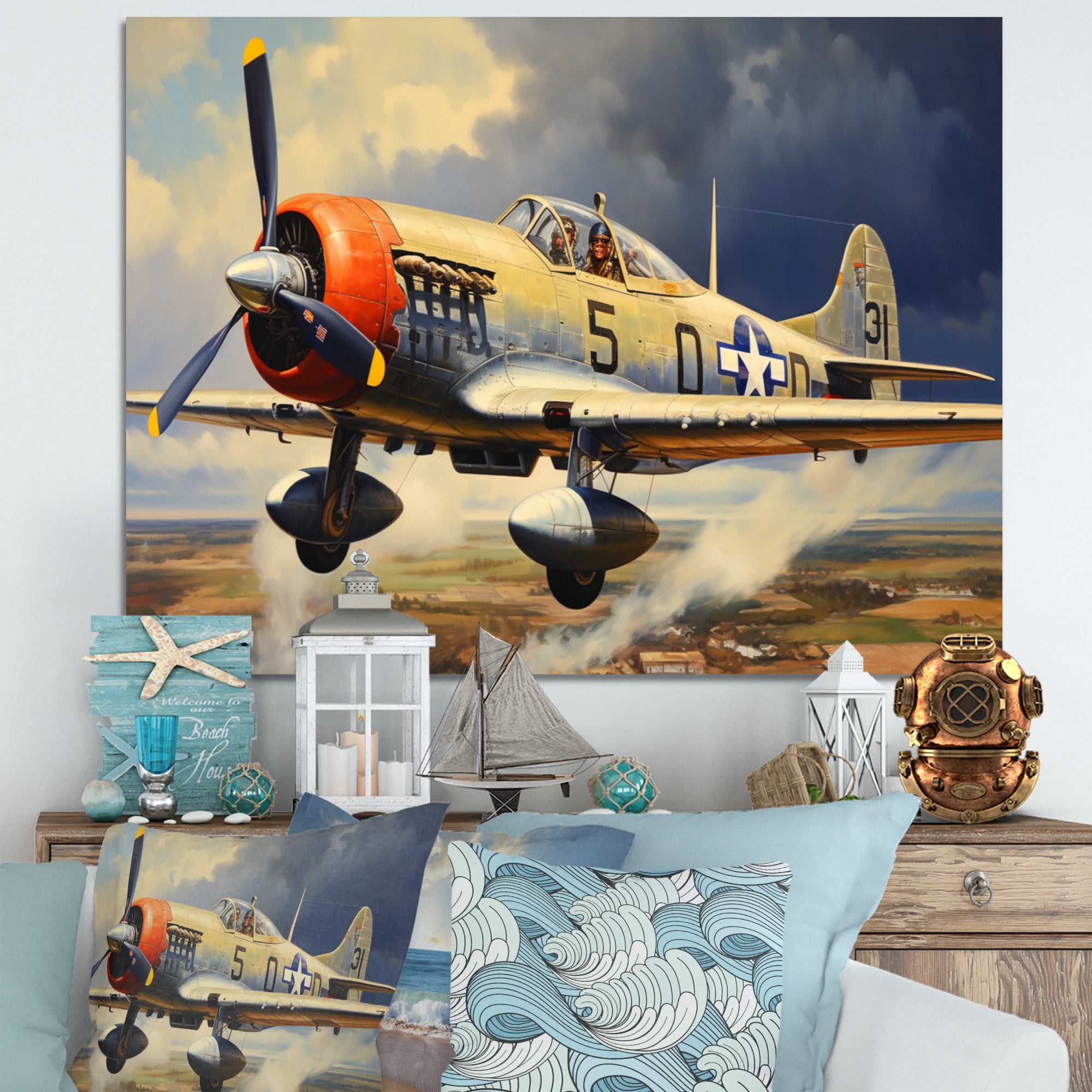 Designart "Skyline with the P51B Plane I" Transportation Wall Decor ...