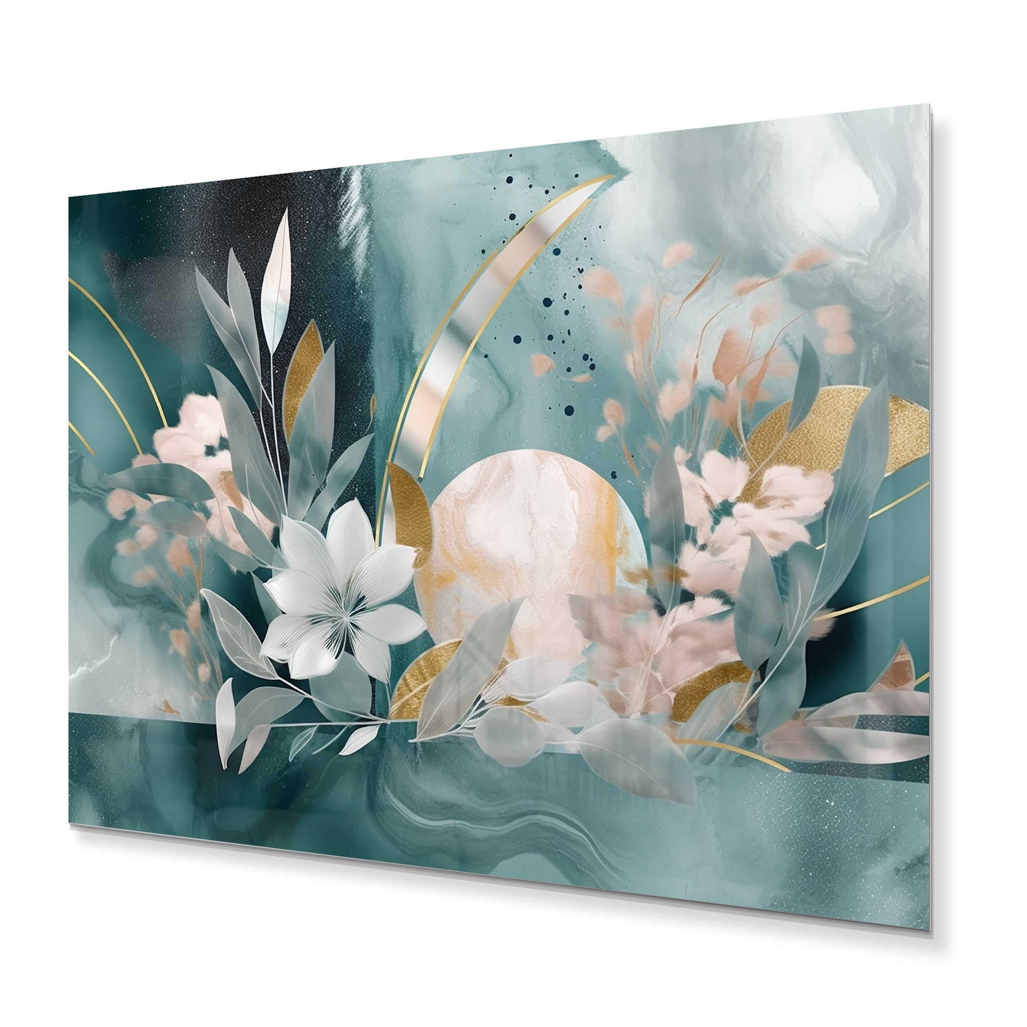 Designart "Smooth Floral Design Golden Blue and Pink I" Floral Metal ...
