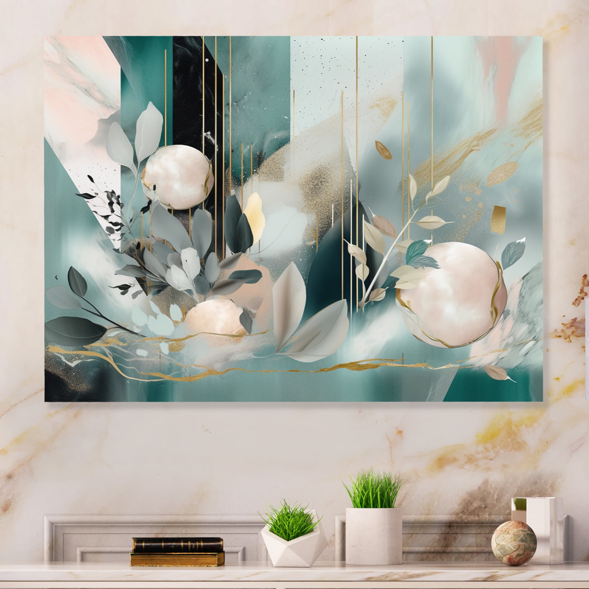 Designart "Smooth Floral Design Golden Blue and Pink II" Floral Metal ...