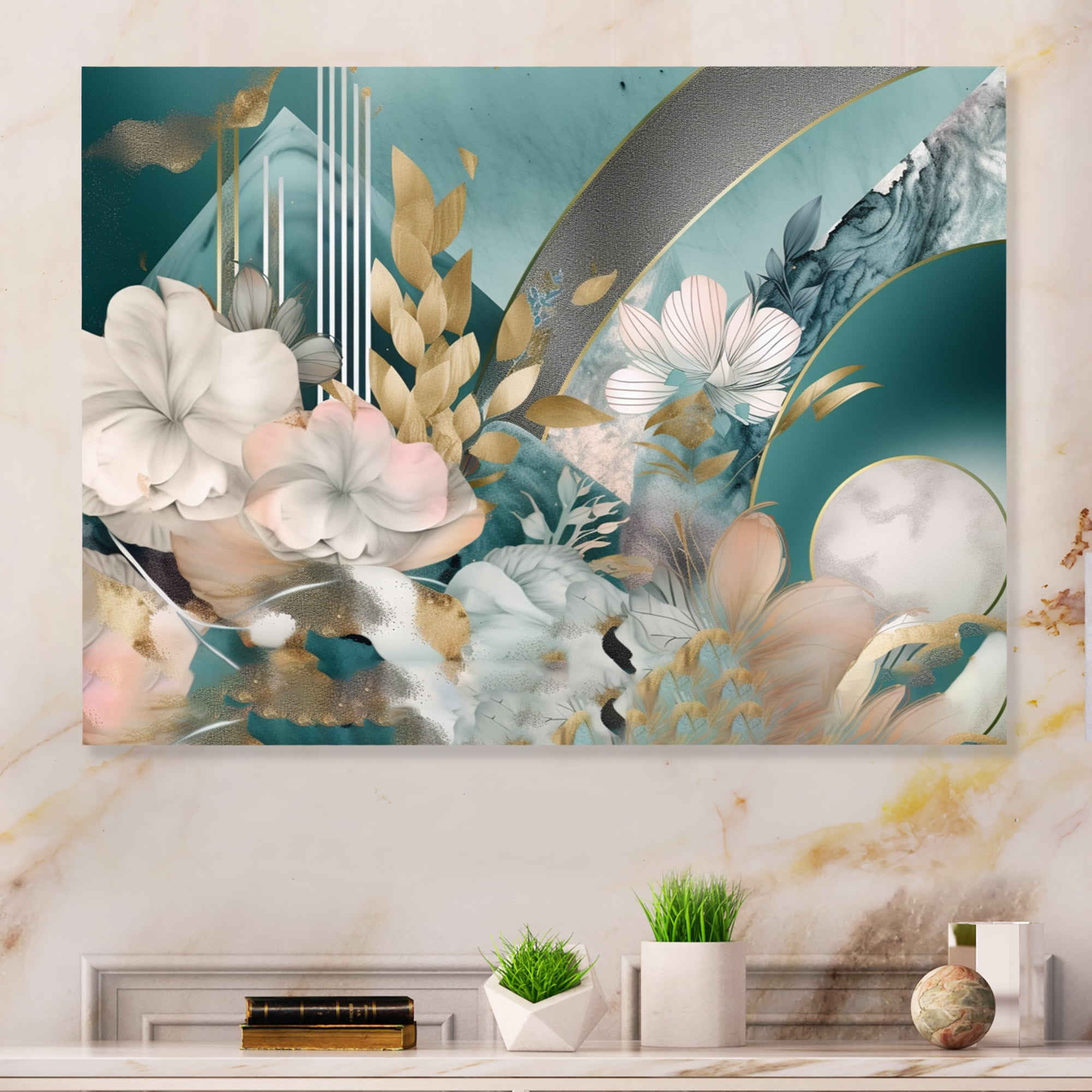 Designart "Smooth Floral Design Golden Blue and Pink III" Floral Metal ...