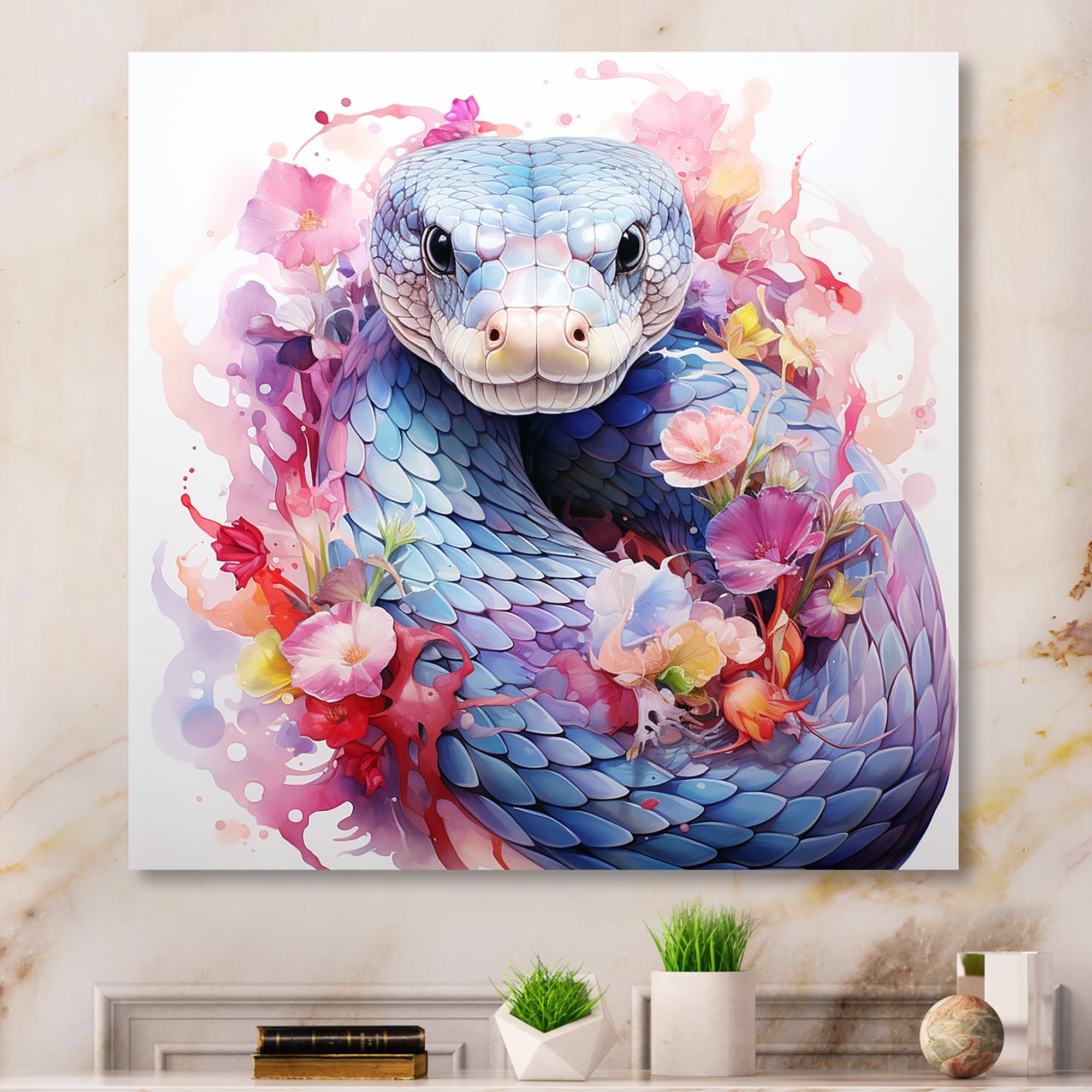 Designart "Snakes in Floral Grace II" Animals Wall Art - Modern Pink ...