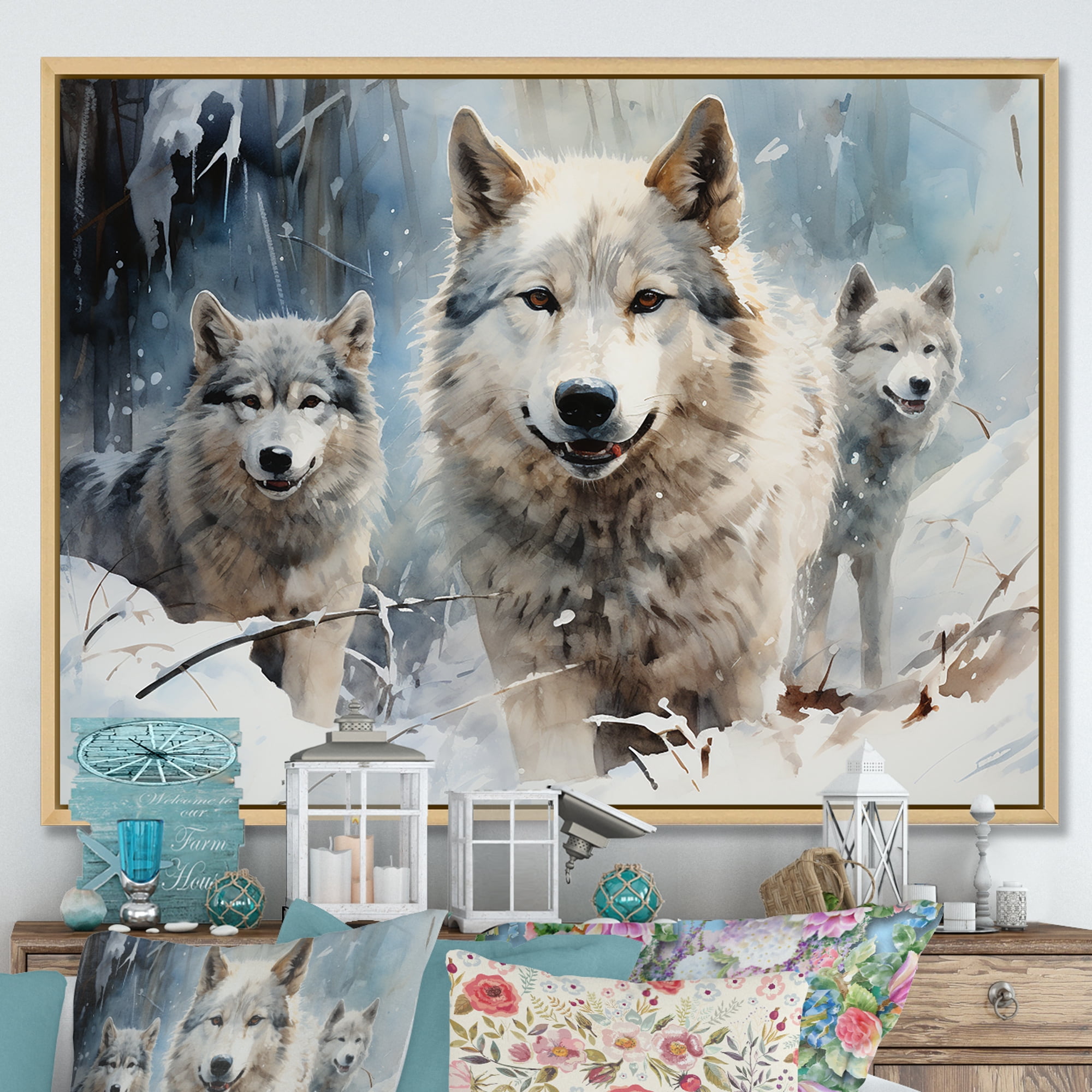 Designart "Snow Wolves Winter's Majestic Residents III" Animals Framed ...