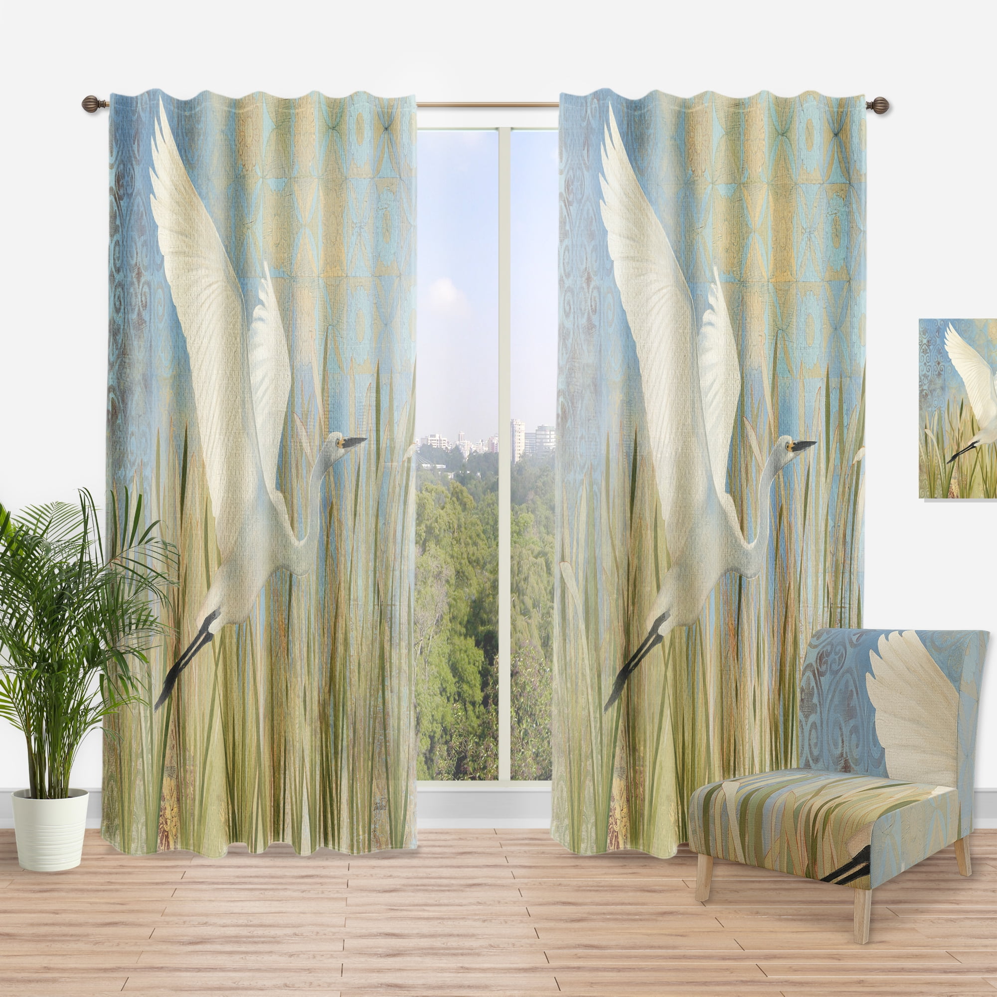 Snowy Egret in Flight Curtain Panel - Green Animal Print Curtains ...