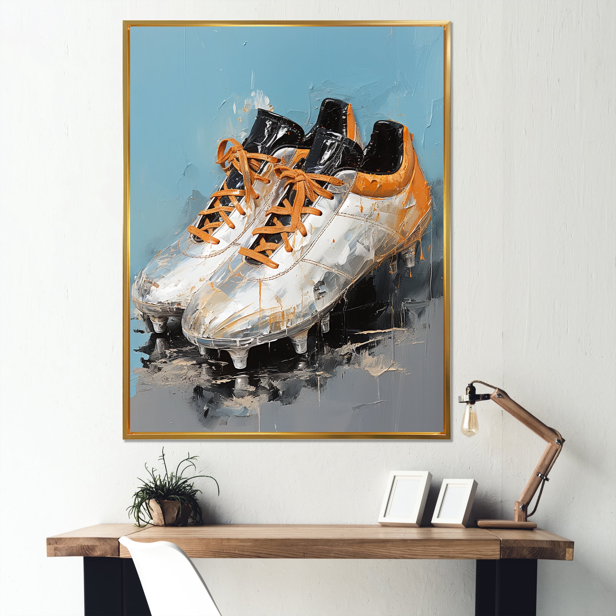 Designart "Soccer Shoes in Grey and Orange" Sports Framed Wall Art ...
